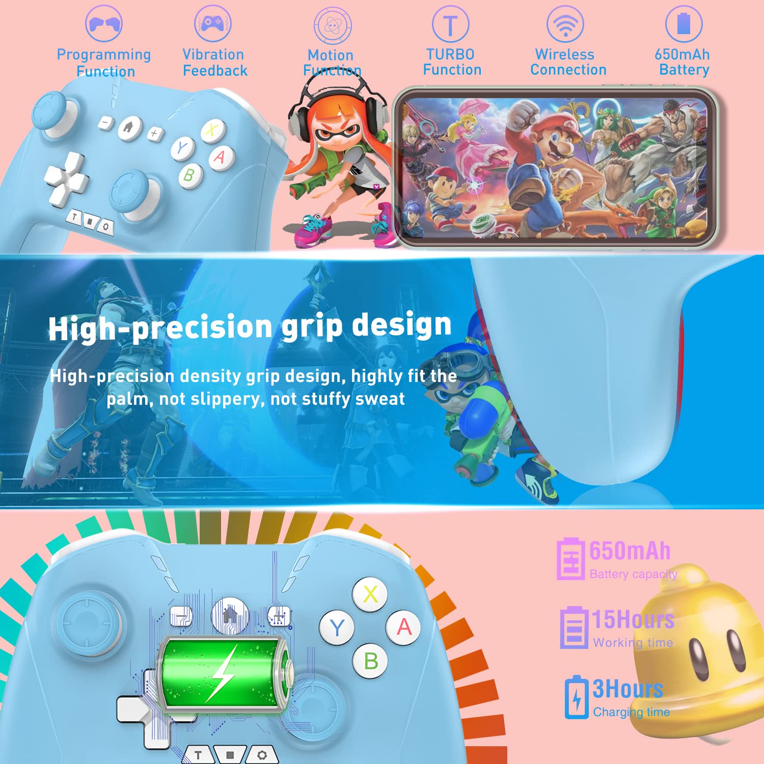 Bluetooth Controller for Switch/Mac/PC/Steam/Mobile Phone/iOS/Android//TV/iPad/Table/Apple Arcade MFi Games, Switch Pro Controller Wireless with Adjustable Dual Motion,Turbo,Macros,6-Axis,Wake Up