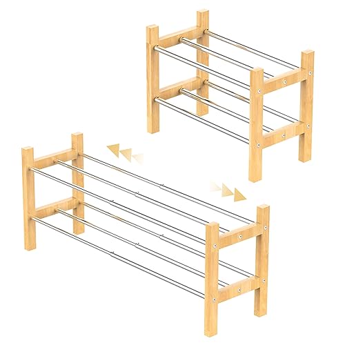 NUDUKO Expandable Shoe Rack Storage Organizer - 2 Tier Adjustable Wood and Metal Shoe Shelf Heavy Duty Small Shoe Rack for Closet Bedroom Entryway (Natural)