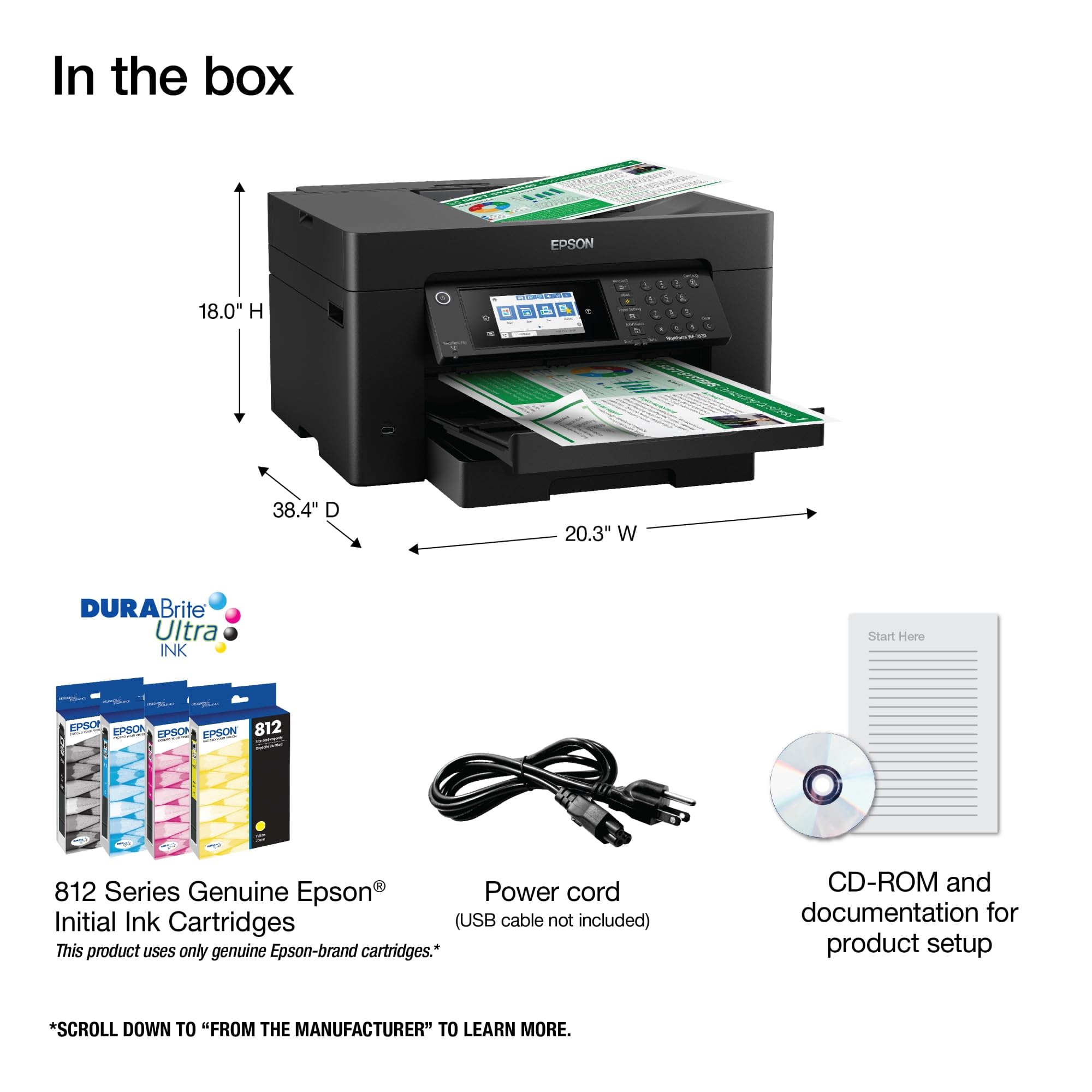 Epson WorkForce Pro WF-7820 Wireless All-in-One Wide-format Printer with Auto 2-sided Print up to 13" x 19", Copy, Scan and Fax, 50-page ADF, 250-sheet Paper Capacity, 4.3" screen, Works with Alexa