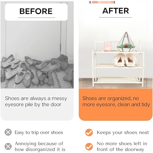 COMAX Folding Bamboo Shoe Rack for Entryway Small Space, Installation-Free Foldable Shoes Storage Organizer, Free Standing Three Shelf Shoe Stand for 6-9 Pairs, Small Shoe Rack 3 Tier 20 Inch Wide