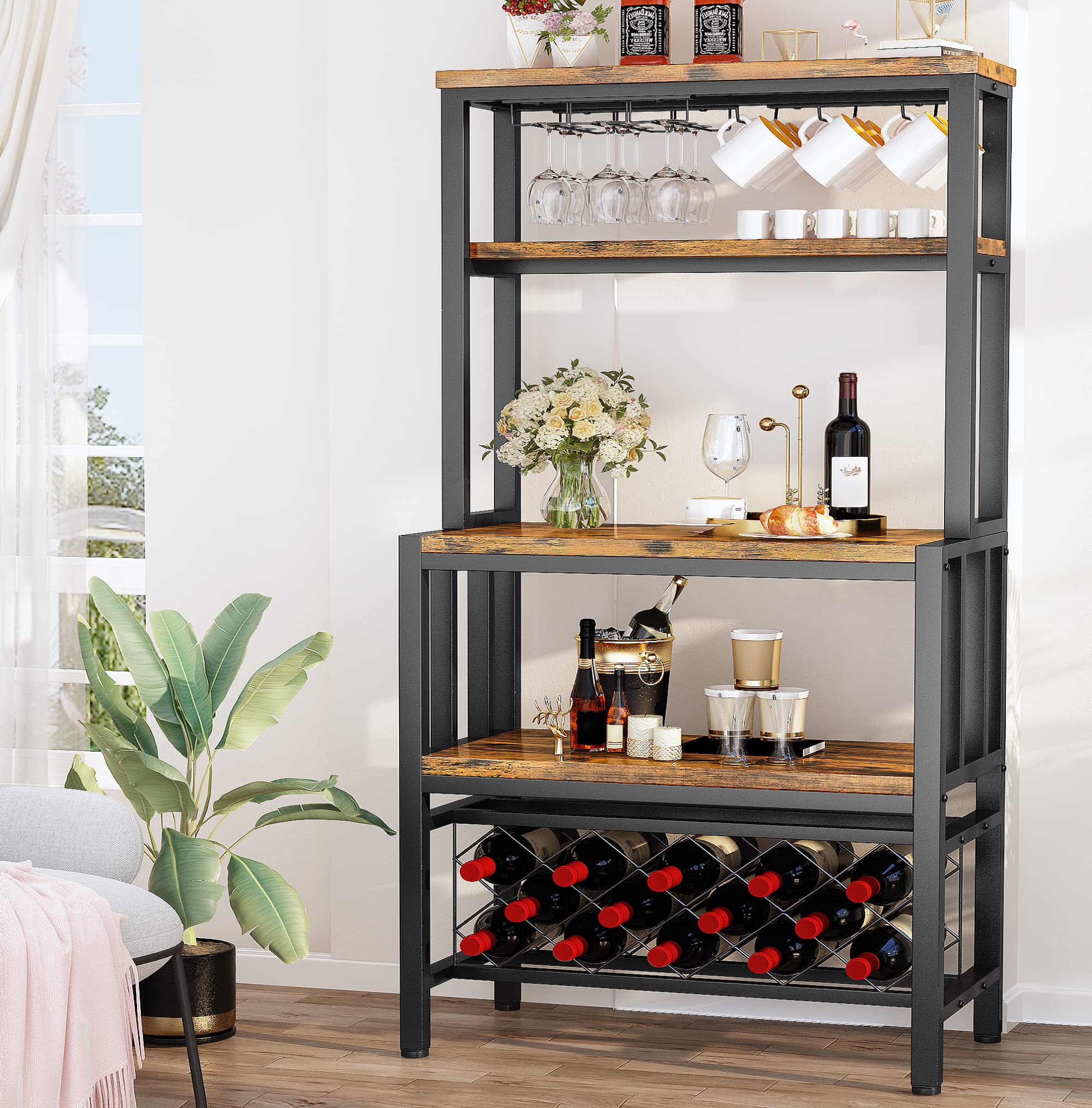 AWQM 5-Tier Kitchen Bakers Rack ,Industrial Wine Rack Table Microwave Stand, FreeStanding Wine Bar Rack,Coffee Bar Kitchen Storage Rack,Wine Cabinet Kitchen Hutch for Dining Room Living Room,Walnut
