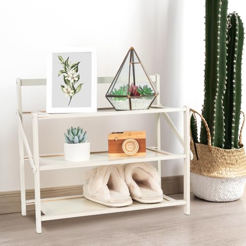 COMAX Folding Bamboo Shoe Rack for Entryway Small Space, Installation-Free Foldable Shoes Storage Organizer, Free Standing Three Shelf Shoe Stand for 6-9 Pairs, Small Shoe Rack 3 Tier 20 Inch Wide