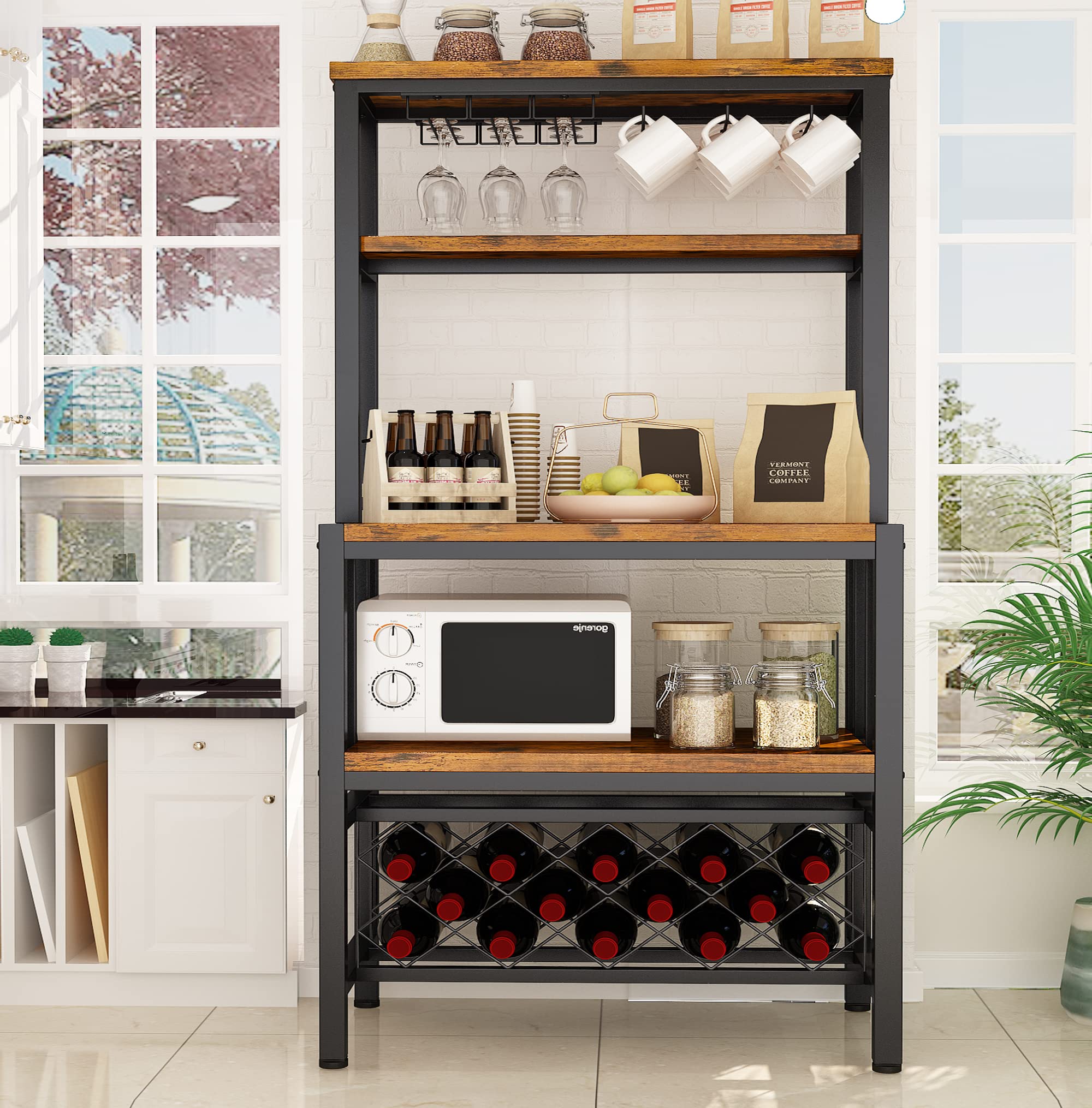 AWQM 5-Tier Kitchen Bakers Rack ,Industrial Wine Rack Table Microwave Stand, FreeStanding Wine Bar Rack,Coffee Bar Kitchen Storage Rack,Wine Cabinet Kitchen Hutch for Dining Room Living Room,Walnut
