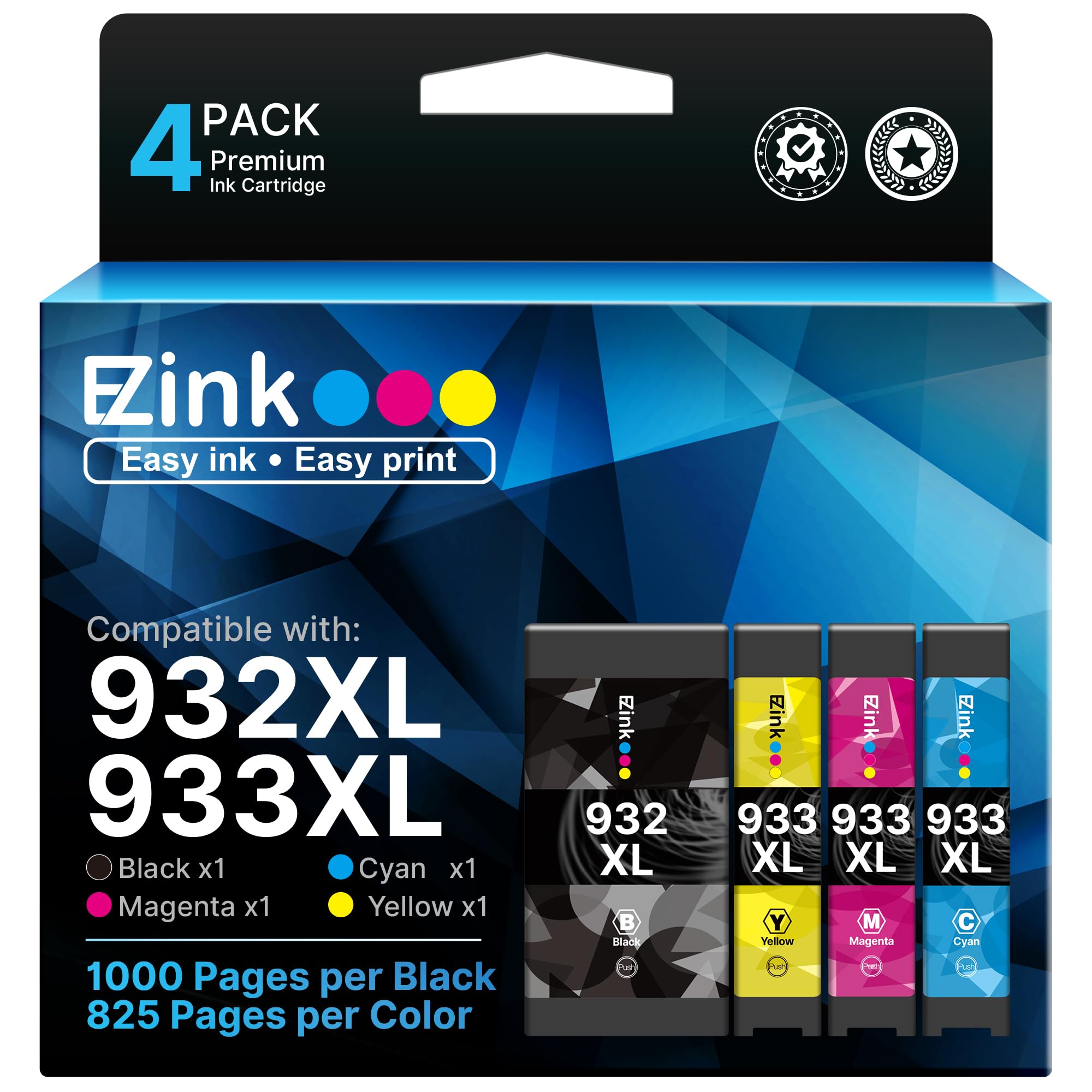 E-Z Ink (TM Compatible Ink Cartridge Replacement for HP 932XL 933XL 932 933 to use with Officejet 6100 6600 6700 7110 7510 7610 7612 Printer (1 Black, 1 Cyan, 1 Magenta,1 Yellow) 4 Pack