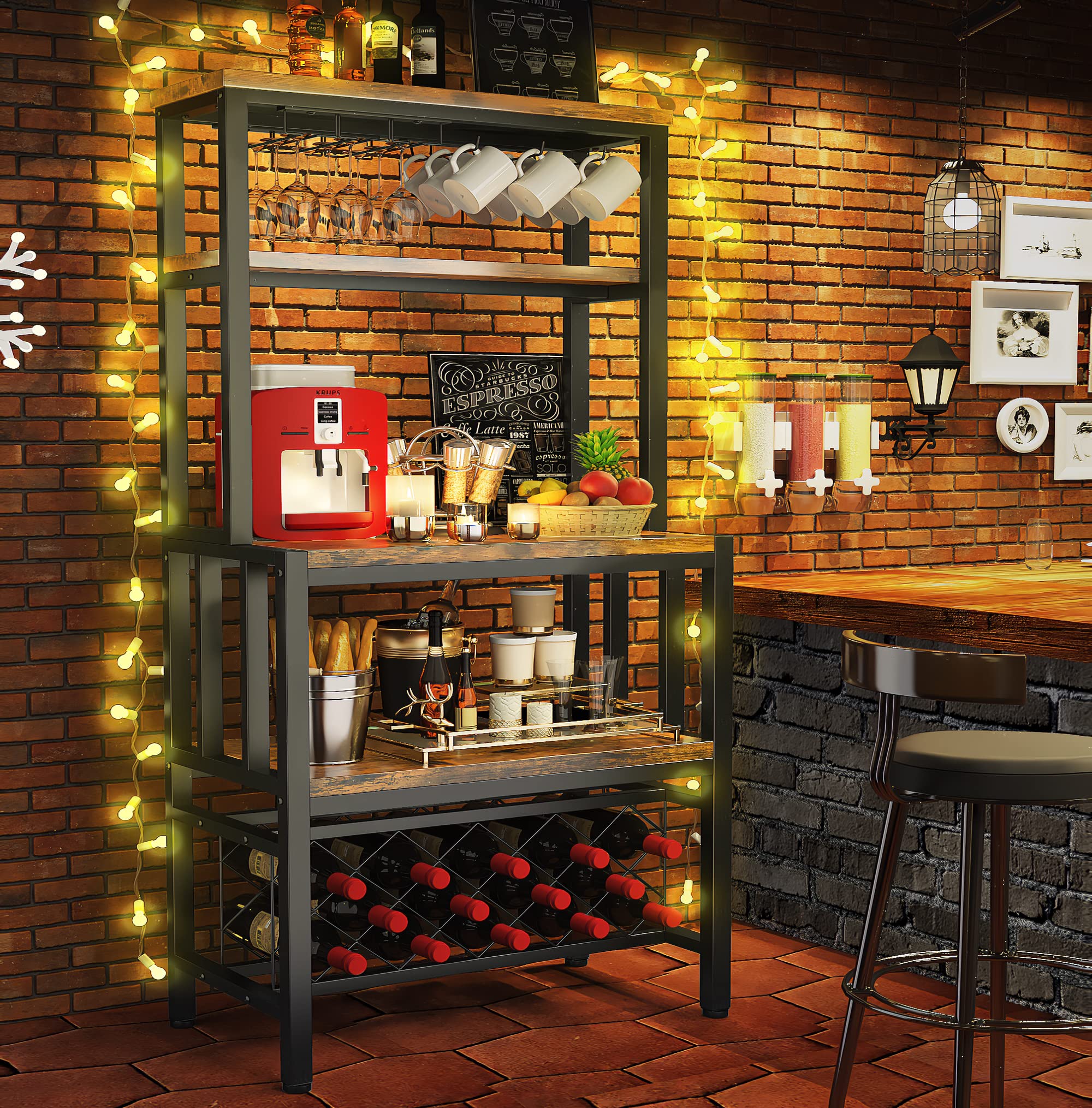 AWQM 5-Tier Kitchen Bakers Rack ,Industrial Wine Rack Table Microwave Stand, FreeStanding Wine Bar Rack,Coffee Bar Kitchen Storage Rack,Wine Cabinet Kitchen Hutch for Dining Room Living Room,Walnut