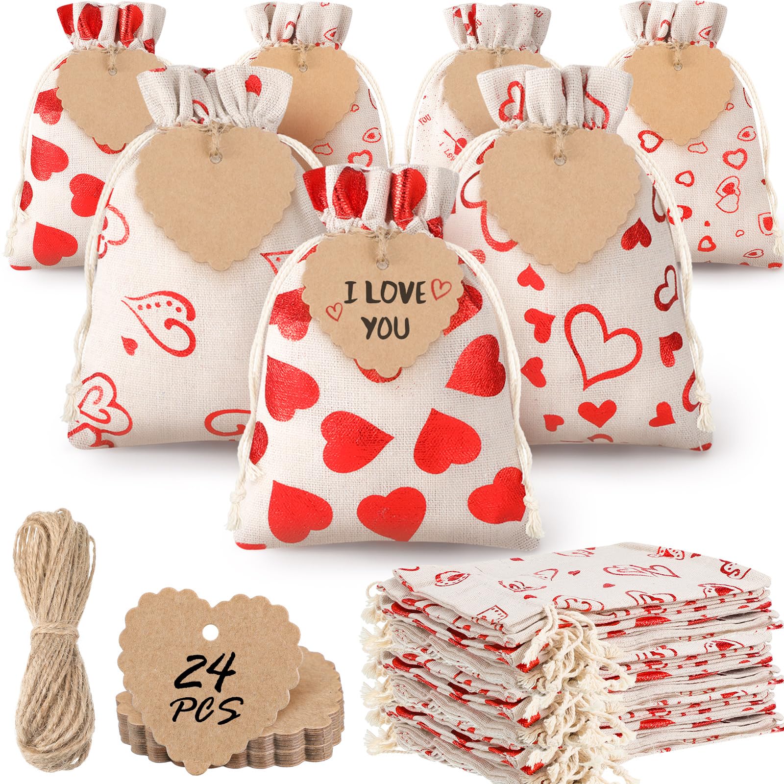 Valentine's Day Burlap Bags, Heart Burlap Drawstring Bags, 5 x7 Inch Heart Canvas Muslin Bags with Kraft Paper Tags, Candy Burlap Drawstring Bags for Valentines DIY Craft Wedding Party Favor (24 Pack)