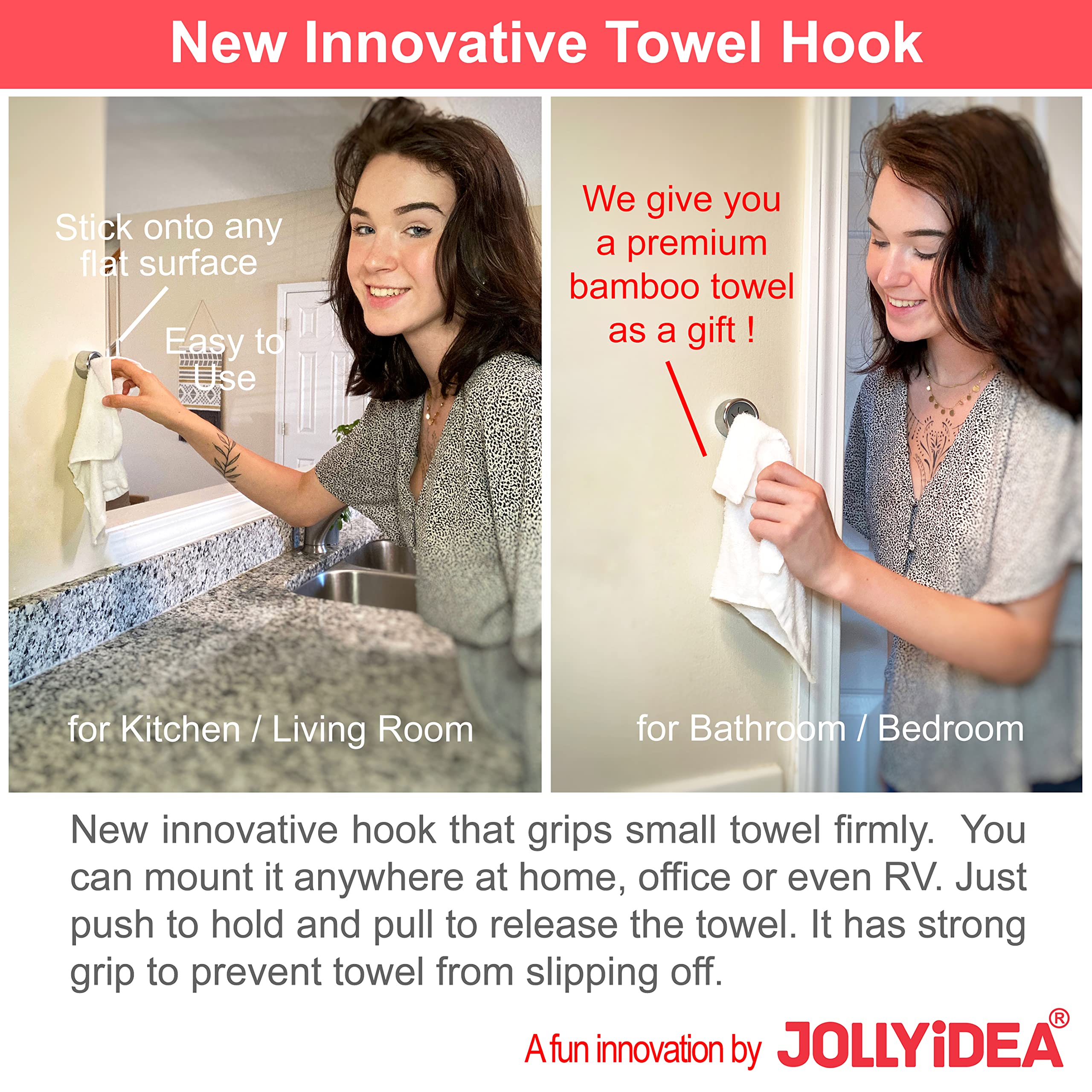 JOLLYiDEA Kitchen Dish Towel Rag Holder - Self Adhesive Push Hooks for Towel Stick On Hook No Drilling Grabber for Kitchen Sink Bathroom Wall Hand Washcloth Hanging Rack, 6 Pack Small Hangers 1 Gift