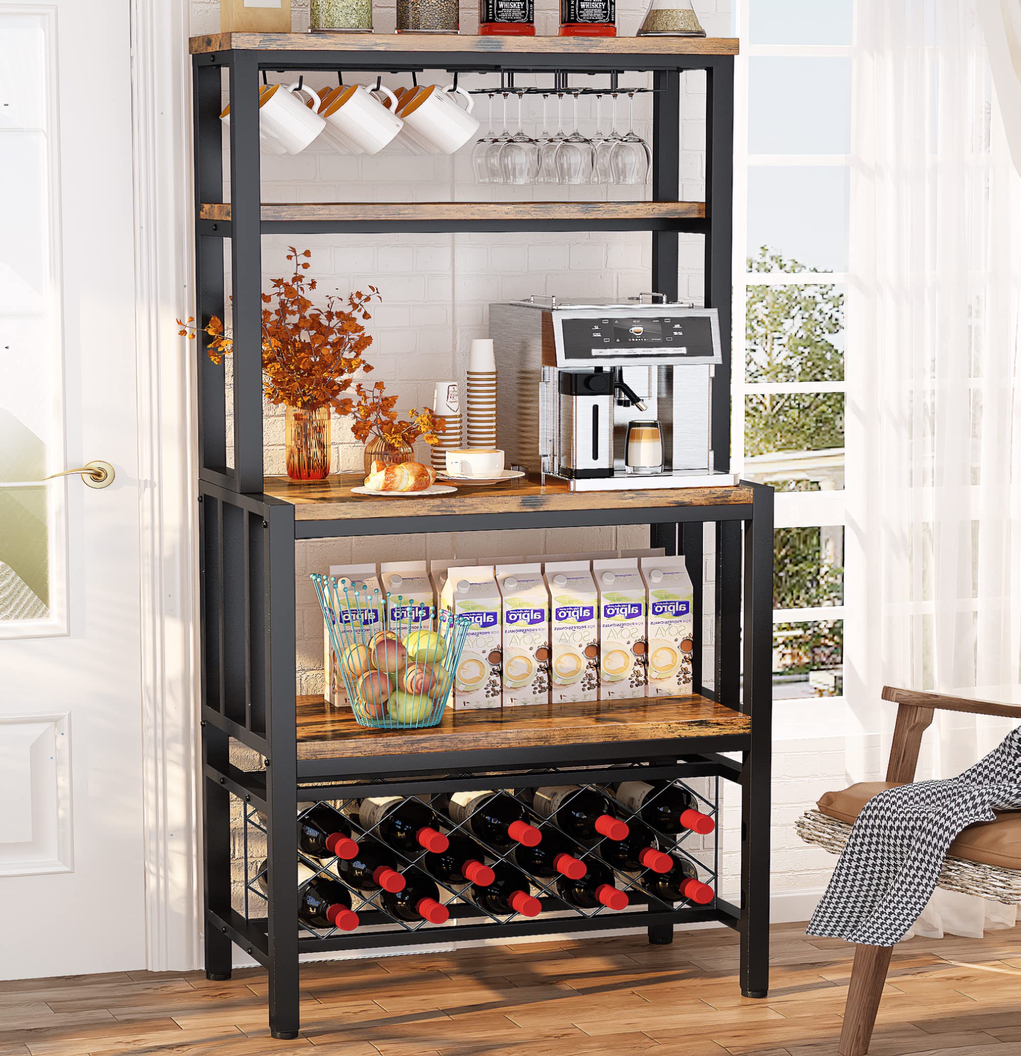 AWQM 5-Tier Kitchen Bakers Rack ,Industrial Wine Rack Table Microwave Stand, FreeStanding Wine Bar Rack,Coffee Bar Kitchen Storage Rack,Wine Cabinet Kitchen Hutch for Dining Room Living Room,Walnut