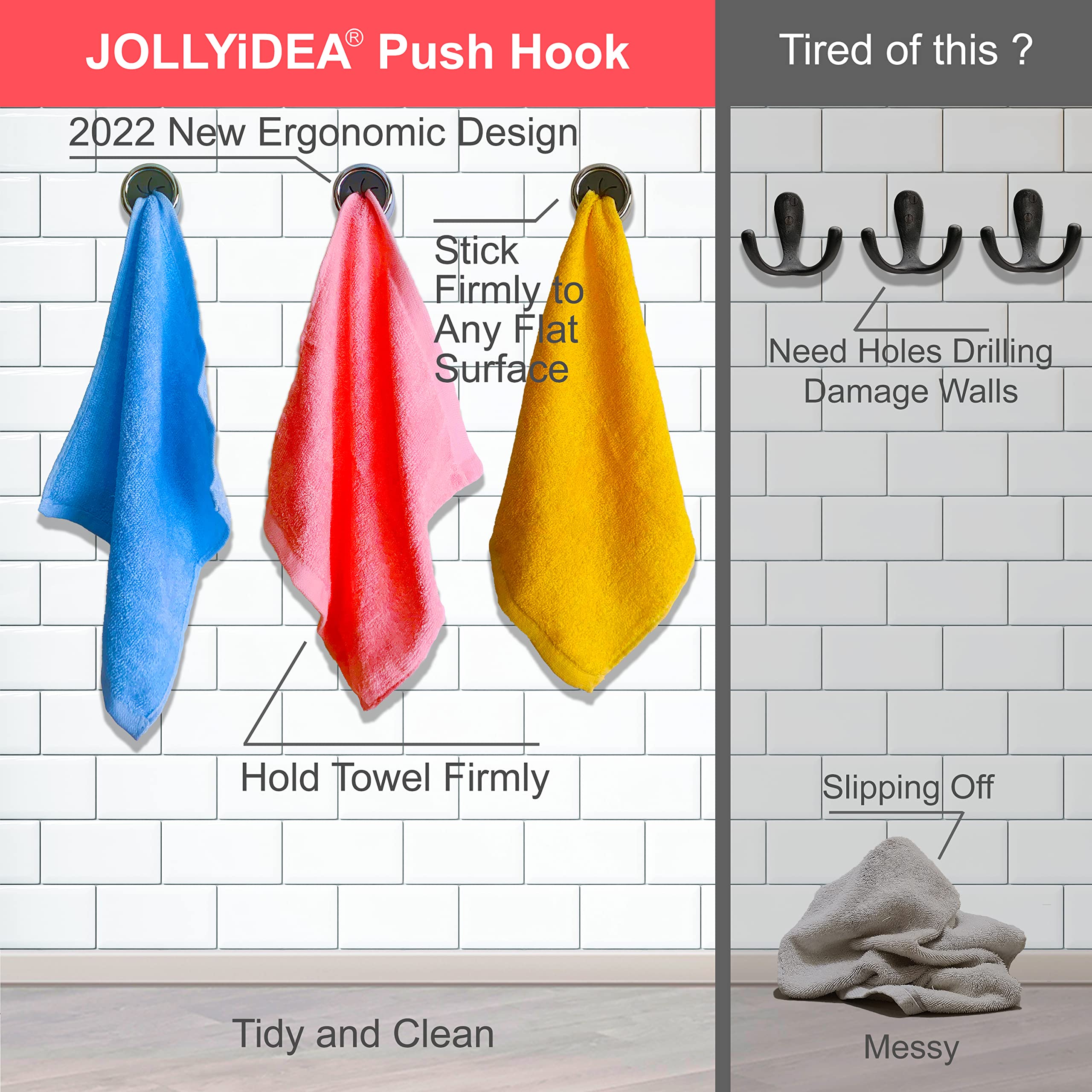 JOLLYiDEA Kitchen Dish Towel Rag Holder - Self Adhesive Push Hooks for Towel Stick On Hook No Drilling Grabber for Kitchen Sink Bathroom Wall Hand Washcloth Hanging Rack, 6 Pack Small Hangers 1 Gift