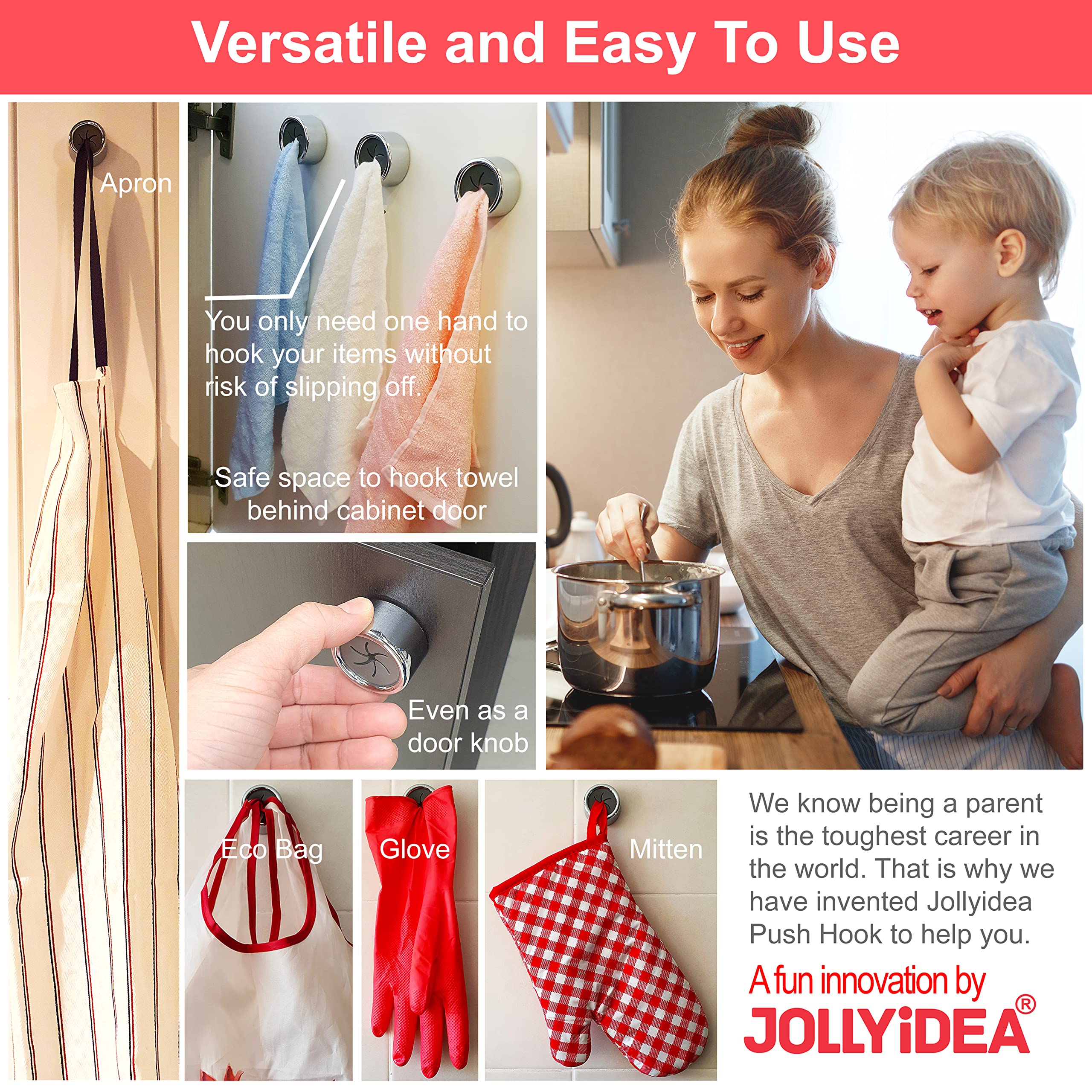JOLLYiDEA Kitchen Dish Towel Rag Holder - Self Adhesive Push Hooks for Towel Stick On Hook No Drilling Grabber for Kitchen Sink Bathroom Wall Hand Washcloth Hanging Rack, 6 Pack Small Hangers 1 Gift