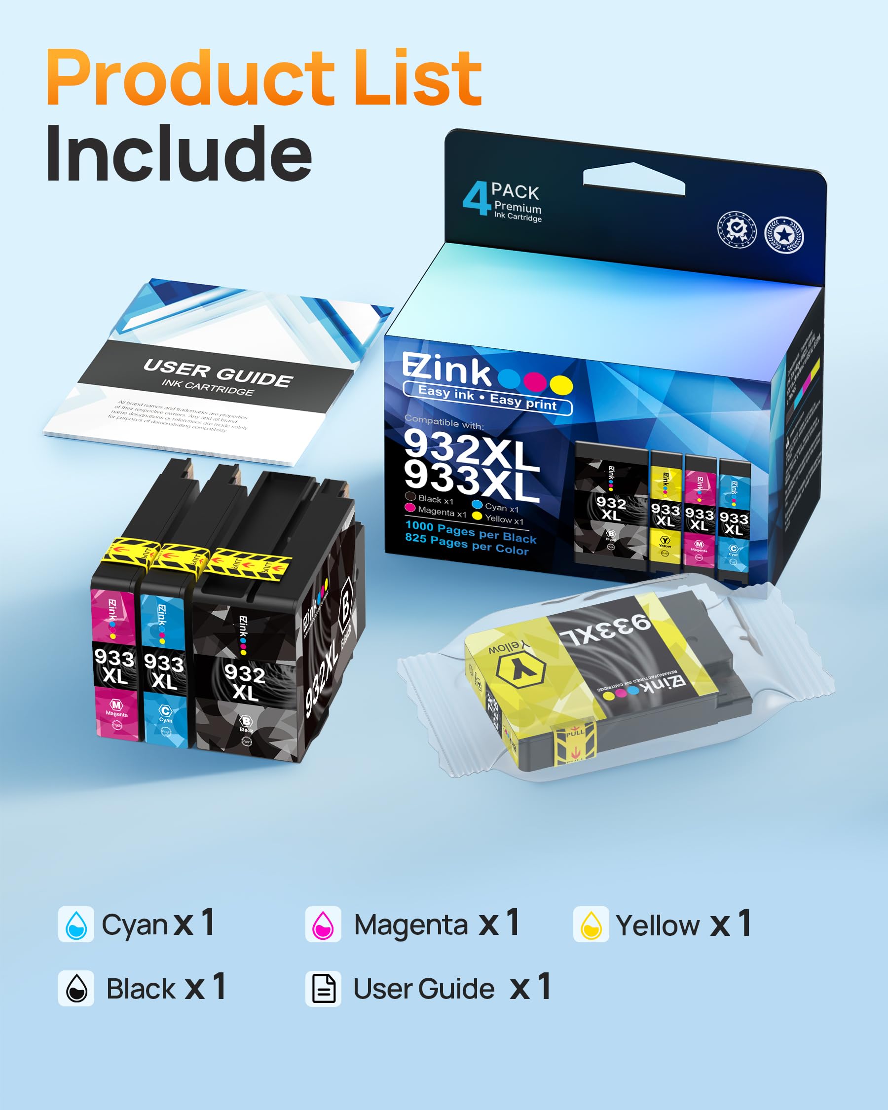 E-Z Ink (TM Compatible Ink Cartridge Replacement for HP 932XL 933XL 932 933 to use with Officejet 6100 6600 6700 7110 7510 7610 7612 Printer (1 Black, 1 Cyan, 1 Magenta,1 Yellow) 4 Pack