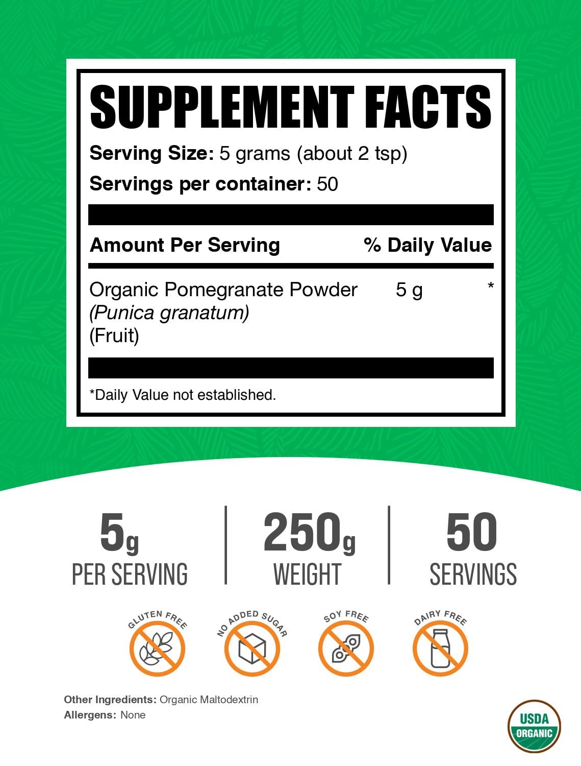 BulkSupplements.com Organic Pomegranate Powder - Pomegranate Supplement for Immune Support, Pomegranate Powder Organic - Gluten Free, 5g per Serving, 250g (8.8 oz) (Pack of 1)