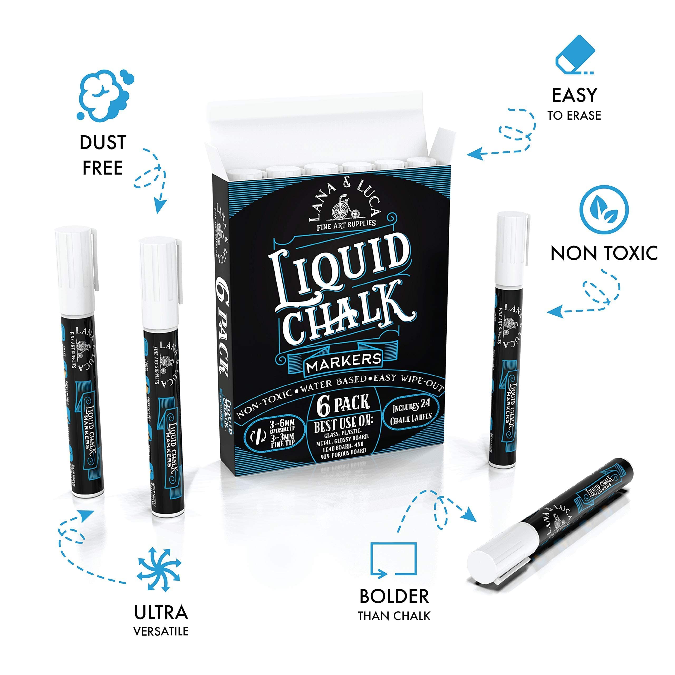 Liquid Chalk Marker Pen - White, Dry Erase for Chalkboard Signs, Windows, Blackboard, Glass with 24 Chalkboard Labels Included (6 Pack) 3-6mm Reversible Tip, 3-3mm Fine Tip