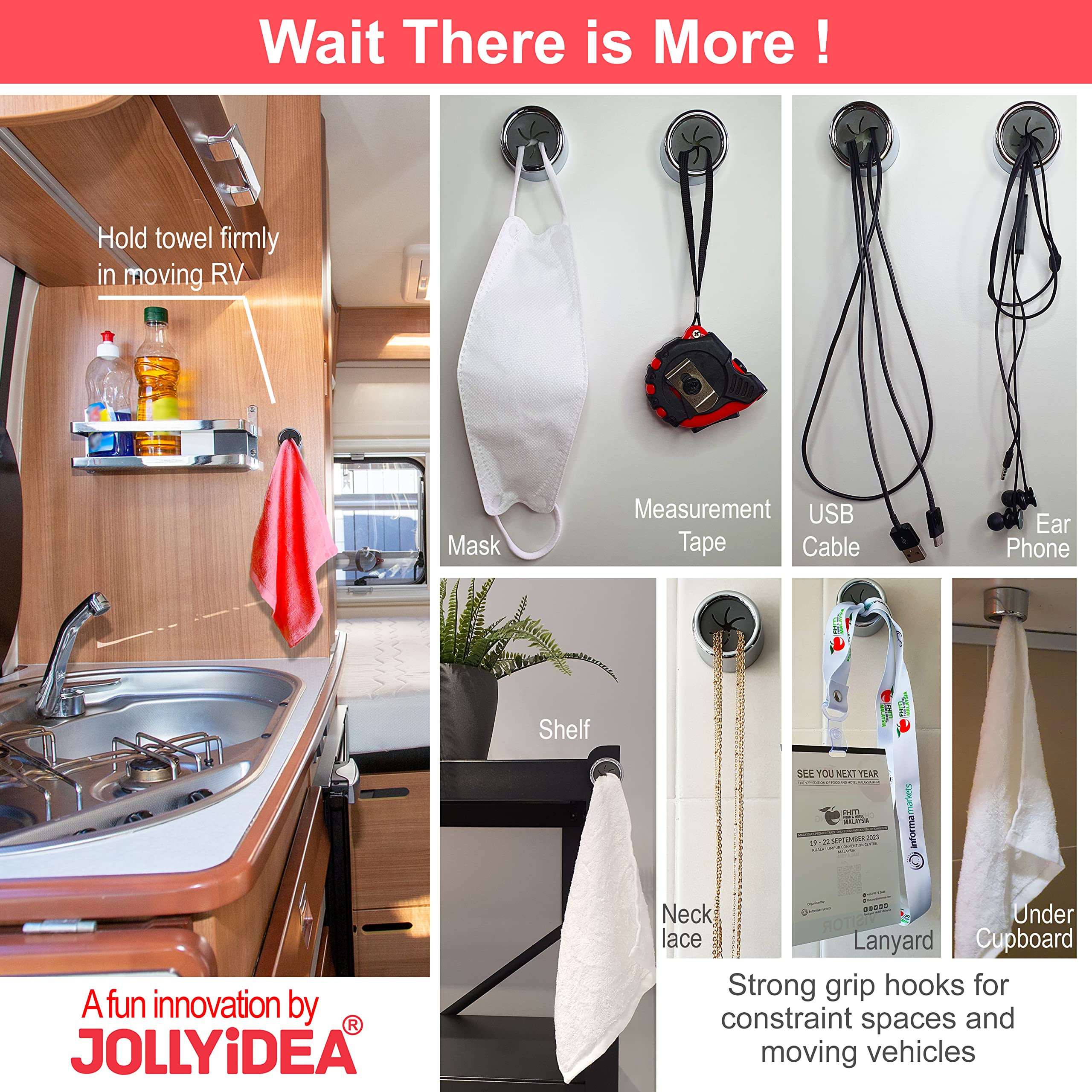 JOLLYiDEA Kitchen Dish Towel Rag Holder - Self Adhesive Push Hooks for Towel Stick On Hook No Drilling Grabber for Kitchen Sink Bathroom Wall Hand Washcloth Hanging Rack, 6 Pack Small Hangers 1 Gift