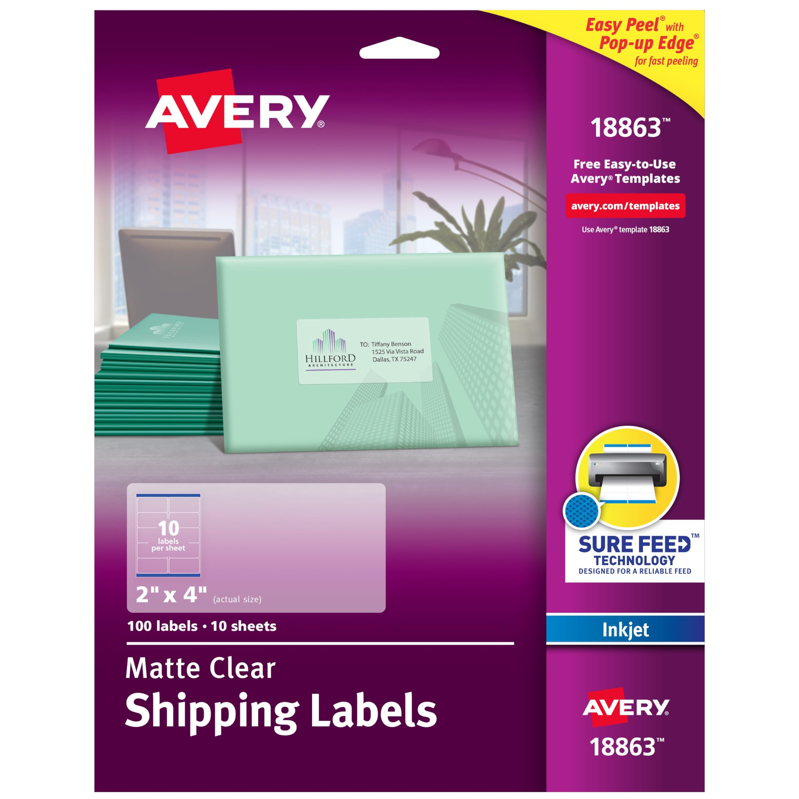 Avery Clear Easy Peel Shipping Labels for Inkjet Printers 2" x 4", Pack of 100 (18863),White
