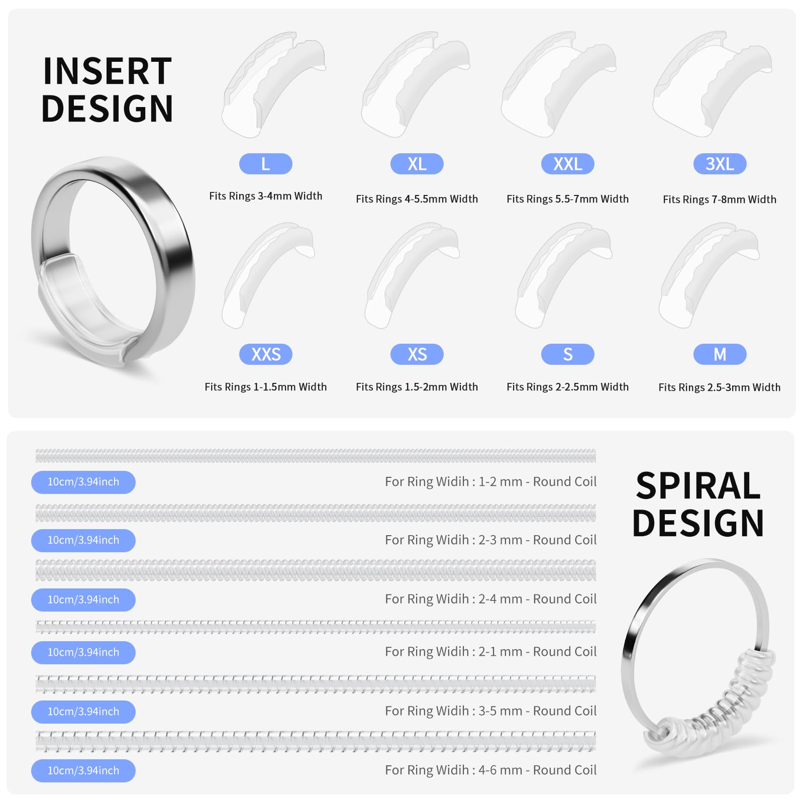 Ottemax Ring Size Adjuster for Loose Rings - 20 Pack 6 Sizes Invisible Jewelry Sizer, Mandrel for Making Jewelry Guard, Spacer, Sizer, Fitter - Spiral Silicone Tightener Set with Polishing Cloth