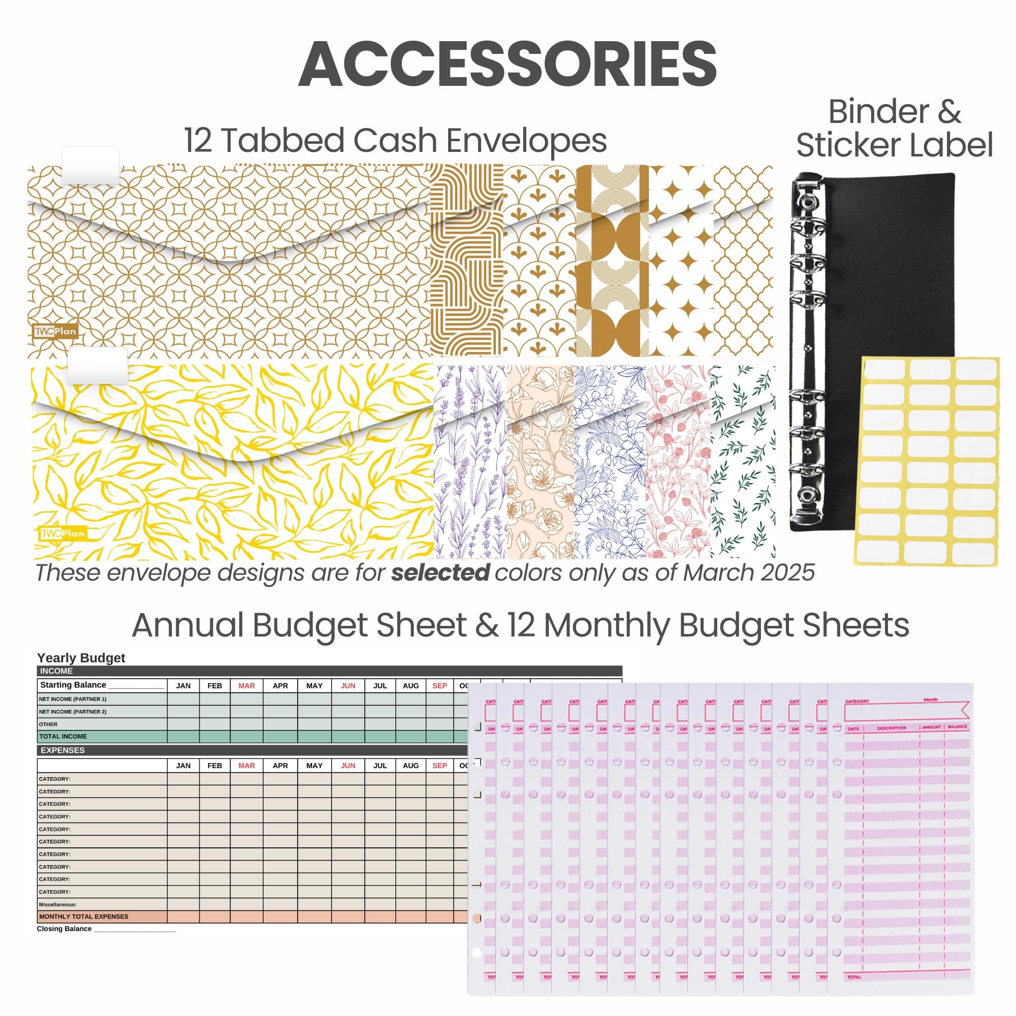Cash Envelope Wallet All in One Budget System with 12x Tabbed Cash Envelopes , 12x Monthly Budget Cards ,1x Yearly budget planner sheet Complete Money Organizer Set for Cash RFID Blocking