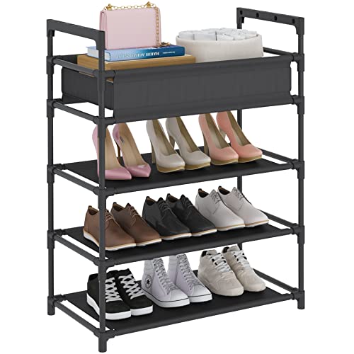 Calmootey 4-Tier Stackable Freestanding Shoe Rack, 2-in-1 Plus Storage Bag Sturdy Shoe Shelf, Non-Woven Fabric Entryway Shoe Shelf with Storage Organizer