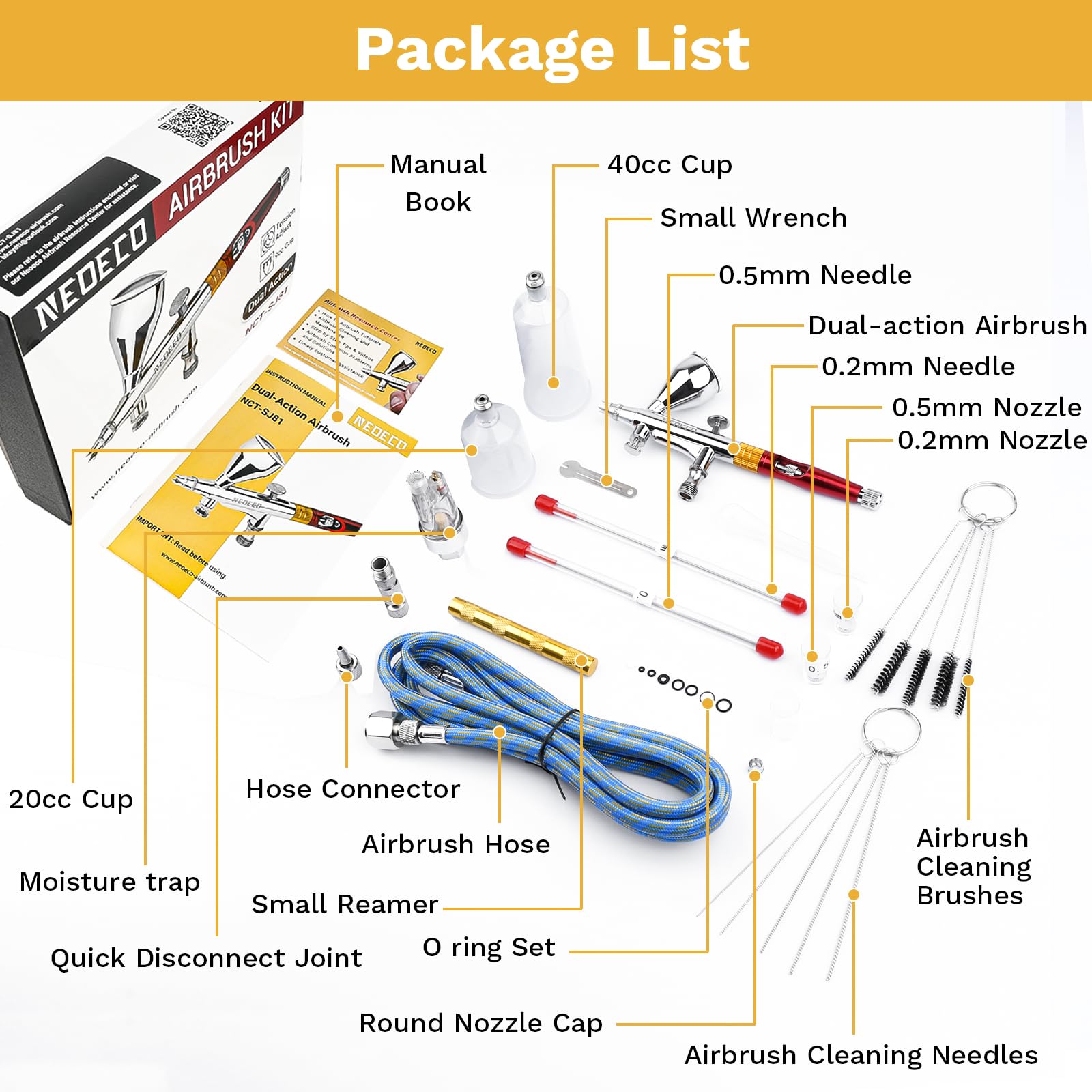 NEOECO Multi-Purpose Airbrush Kit, Dual-Action Gravity Feed Air Brush Sets with with Crown Nozzle, 9cc 20cc 40cc Cup, 0.2, 0.3 & 0.5mm Needles for Makeup Nail Art Shoes Tattoo Cake Toy Model