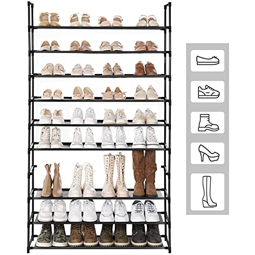 Camabel 10 Tiers Shoe Rack Capacity 130lbs for 60 Pairs Stackable Narrow Expandable Non-Woven Fabric Shoe Storage Organizer Cabinet Tower Shelf Space Saving Assembly High Shoes Black BG361