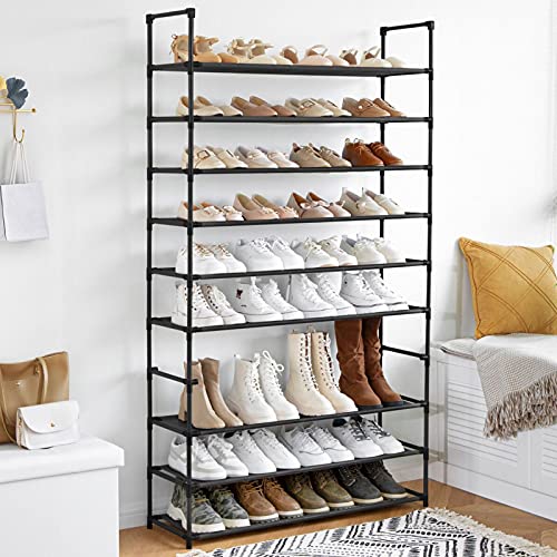 Camabel 10 Tiers Shoe Rack Capacity 130lbs for 60 Pairs Stackable Narrow Expandable Non-Woven Fabric Shoe Storage Organizer Cabinet Tower Shelf Space Saving Assembly High Shoes Black BG361