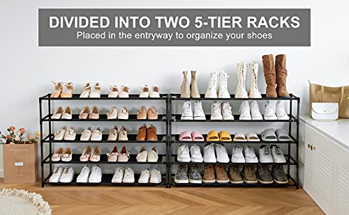 Camabel 10 Tiers Shoe Rack Capacity 130lbs for 60 Pairs Stackable Narrow Expandable Non-Woven Fabric Shoe Storage Organizer Cabinet Tower Shelf Space Saving Assembly High Shoes Black BG361