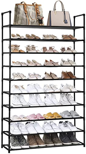 Camabel 10 Tiers Shoe Rack Capacity 130lbs for 60 Pairs Stackable Narrow Expandable Non-Woven Fabric Shoe Storage Organizer Cabinet Tower Shelf Space Saving Assembly High Shoes Black BG361