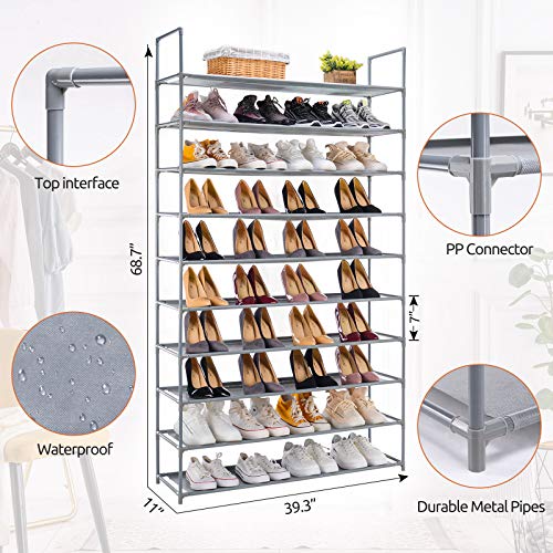 Apicizon 10 Tiers Shoe Rack, 50 Pairs Shoe Storage Organizer, Non-Woven Fabric Metal Shoe Shelf Tower, Shoe Rack Organizer for Closet/Entryway/Garage, Grey