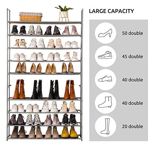 Apicizon 10 Tiers Shoe Rack, 50 Pairs Shoe Storage Organizer, Non-Woven Fabric Metal Shoe Shelf Tower, Shoe Rack Organizer for Closet/Entryway/Garage, Grey