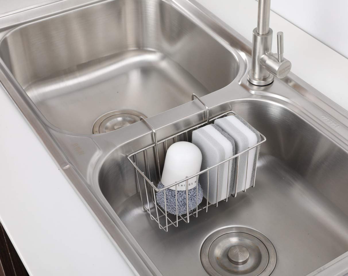 Fafcitvz Kitchen Sponge Holder, Sink Caddy Brush Soap Dishwashing Drainer Rack Dish Draining Sink Basket