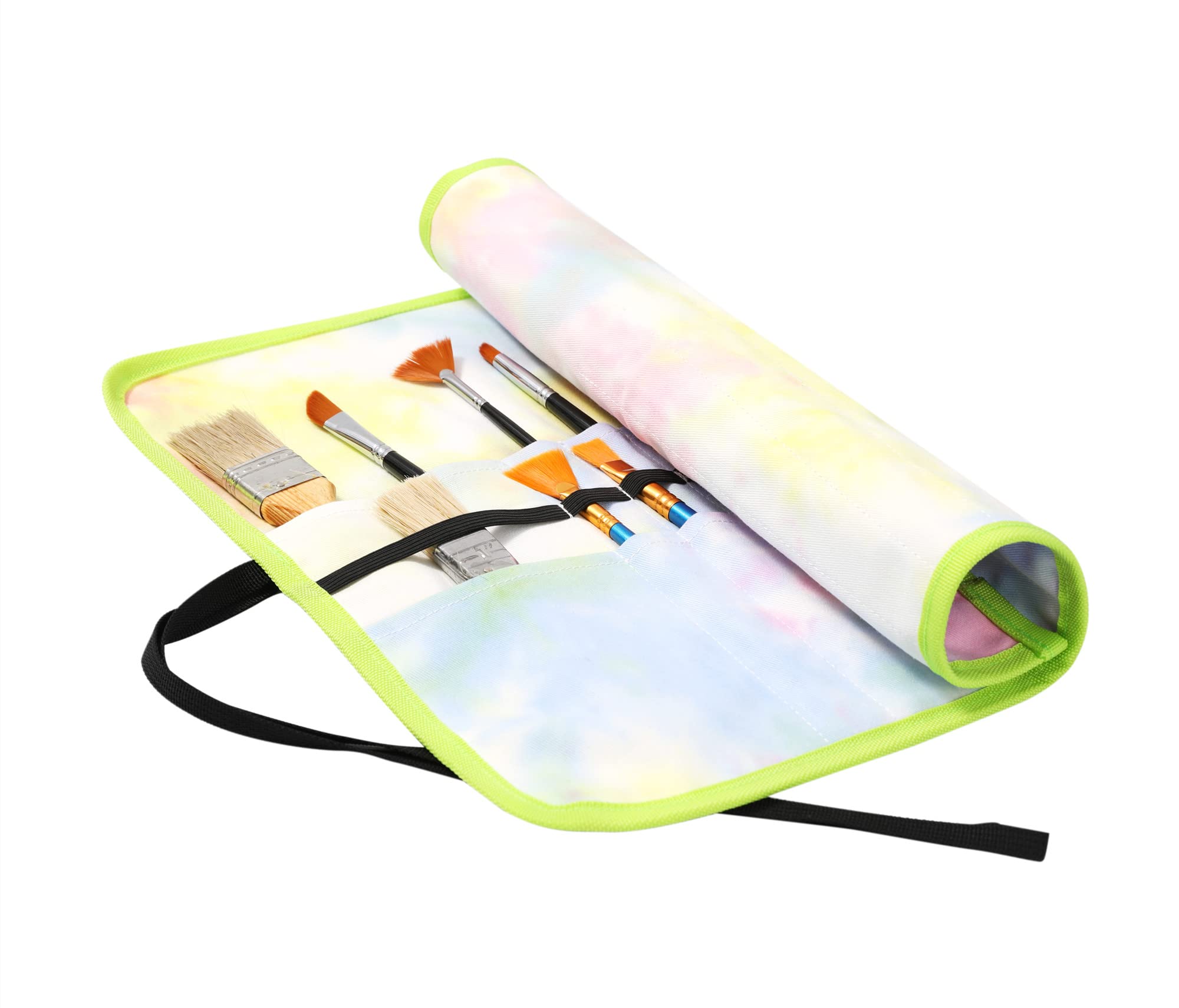 Colored Brush Roll with Canvas Strap - Pencil Case Tie Dye Print 22 Slots - Large Capacity Polyester Pen Organizer for Watercolor Pens or Markers (Black)