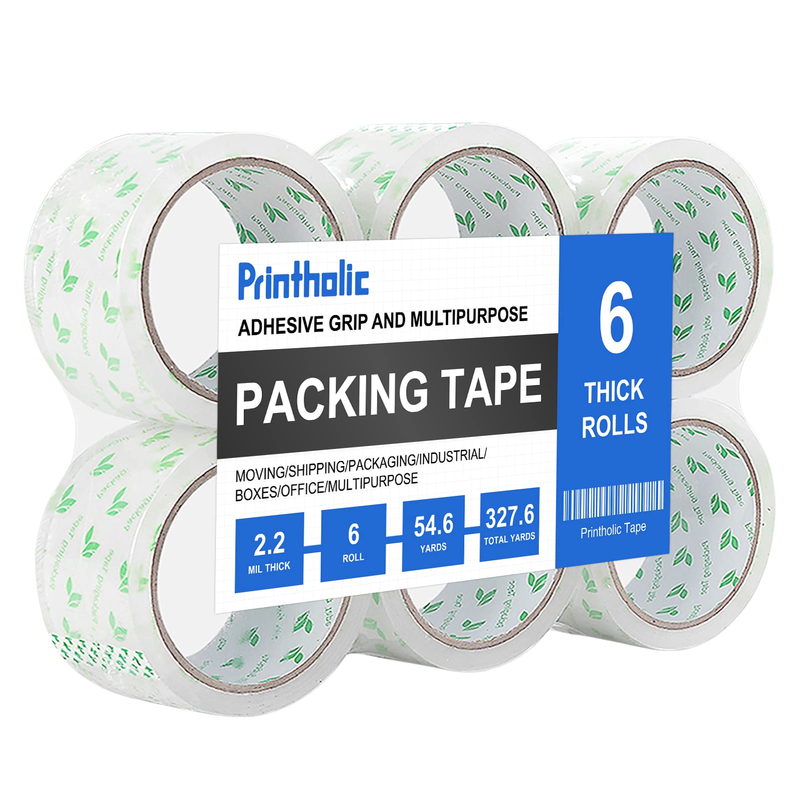 Printholic Packing Tape 6 Rolls Heavy Duty Shipping Packaging Tape 1.88" x 54.6 Yards, 3" Core, Clear, for Moving Packaging Shipping Office Storage, Transparent Tape Refills for Dispenser