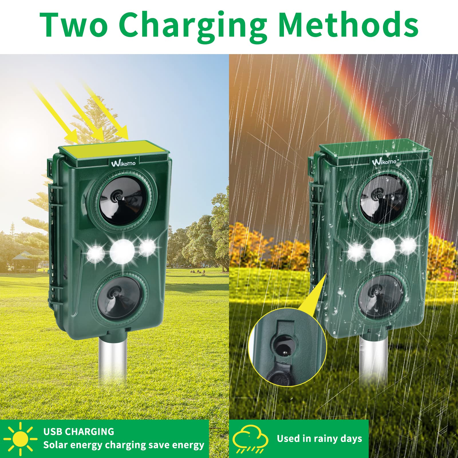 Solar Animal Repeller, Ultrasonic Mole Repellent, Rat, Squirrel, Deer, Raccoon, Skunk, Rabbit, Mole, Dog, Cat, Waterproof with Motion Detector, USB Rechargeable, Flashing Light