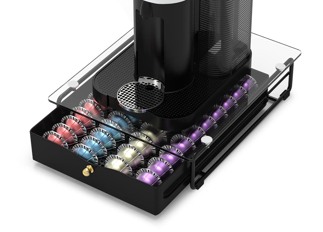 EVERIE Glass Drawer Holder Compatible with Nespresso Vertuoline Capsules, Compatible with 40 Big or 52 Small Vertuo Capsules, NP03-BL