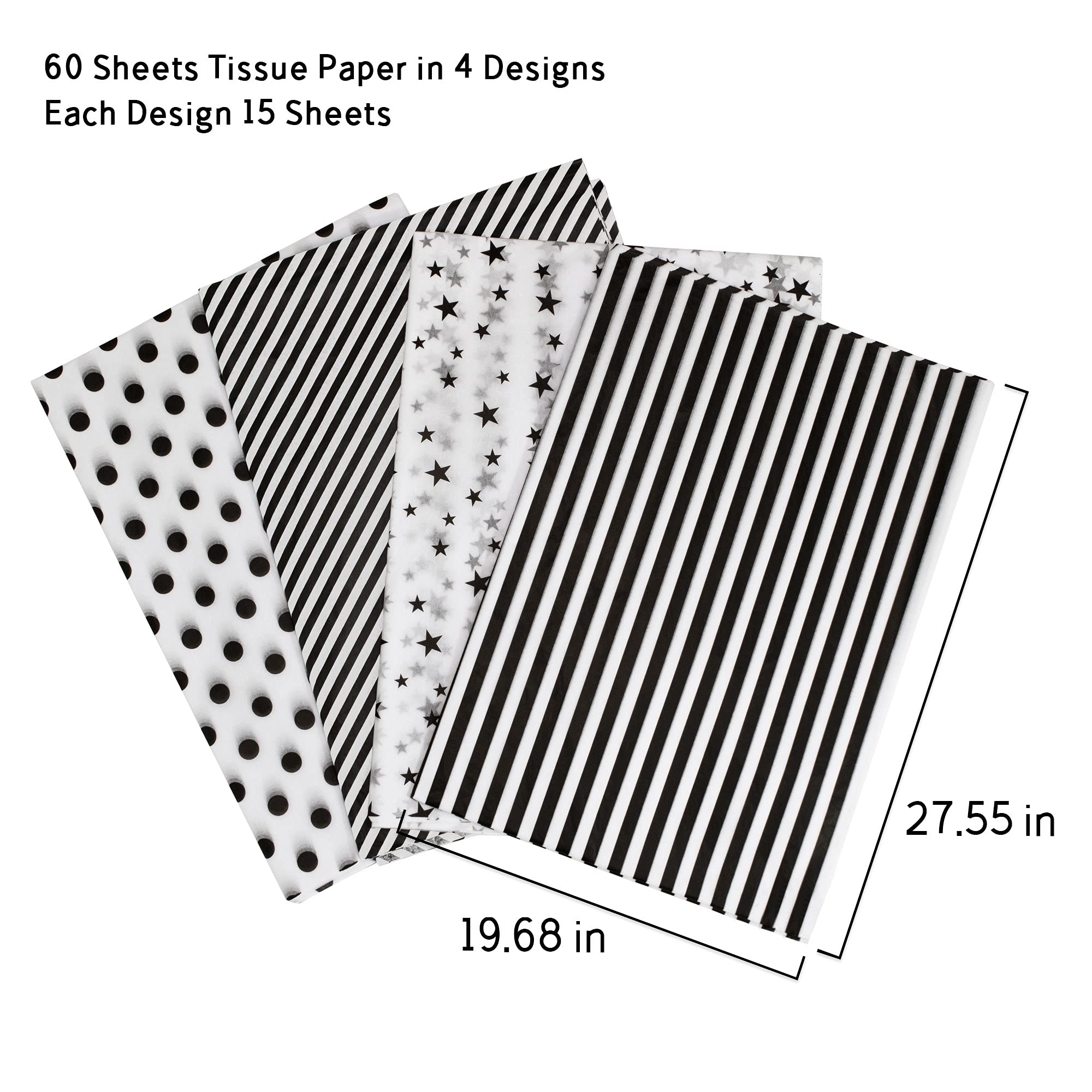 MR FIVE 60 Sheets White and Black Tissue Paper Bulk,20" X 28",4 Styles Tissue Paper for Gift Wrapping,Gift Tissue Paper for Gift Bags,Crafts,Birthday,Star Stripes Polka Dots Pattern Tissue Paper
