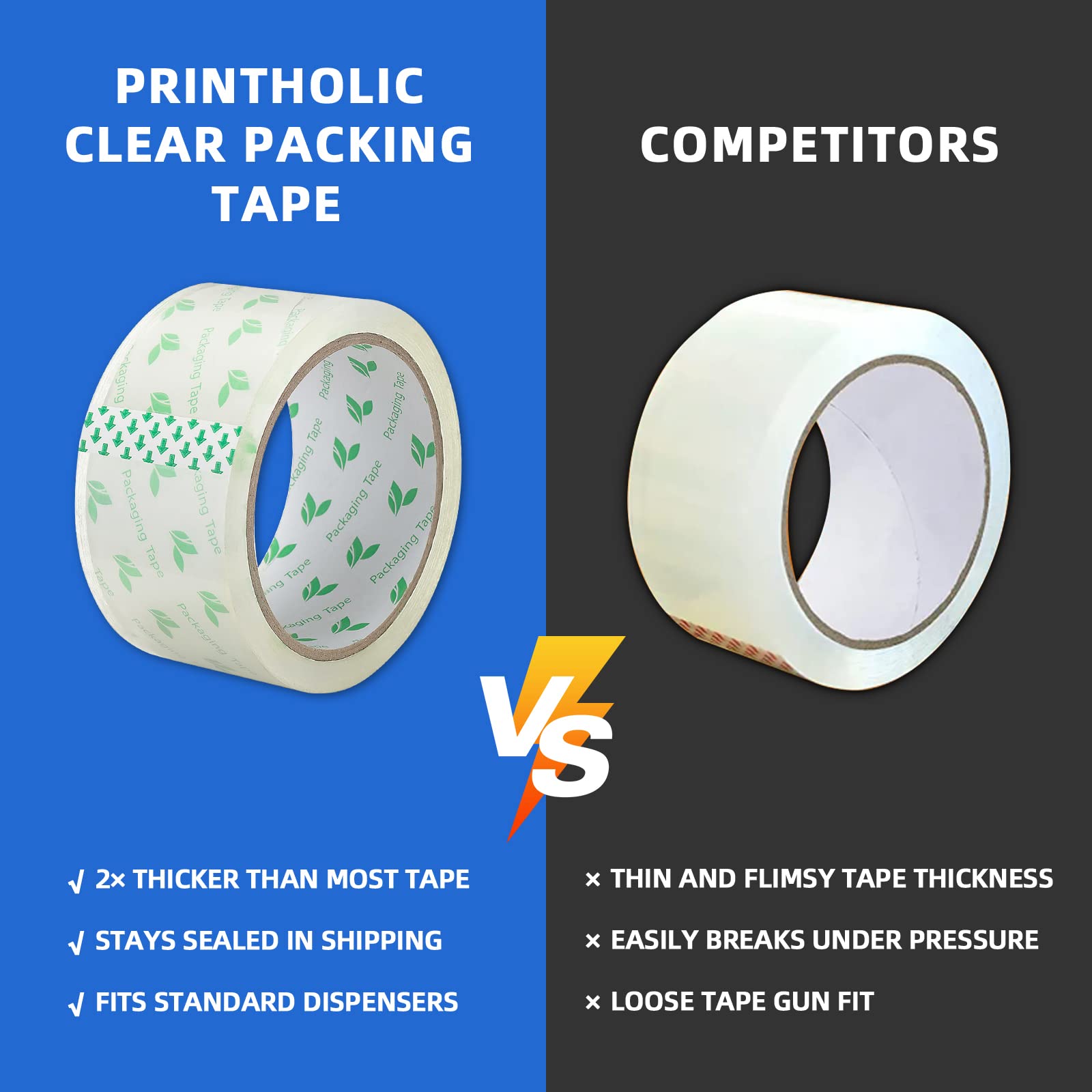 Printholic Packing Tape 6 Rolls Heavy Duty Shipping Packaging Tape 1.88" x 54.6 Yards, 3" Core, Clear, for Moving Packaging Shipping Office Storage, Transparent Tape Refills for Dispenser