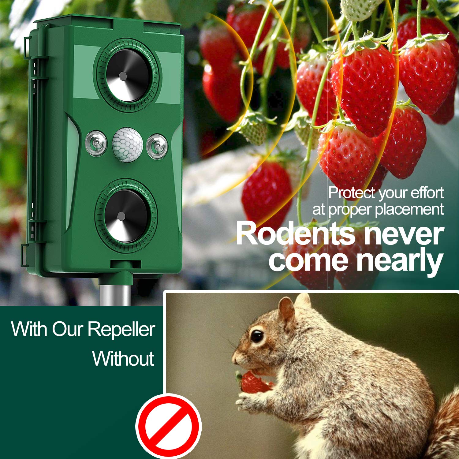 Solar Animal Repeller, Ultrasonic Mole Repellent, Rat, Squirrel, Deer, Raccoon, Skunk, Rabbit, Mole, Dog, Cat, Waterproof with Motion Detector, USB Rechargeable, Flashing Light