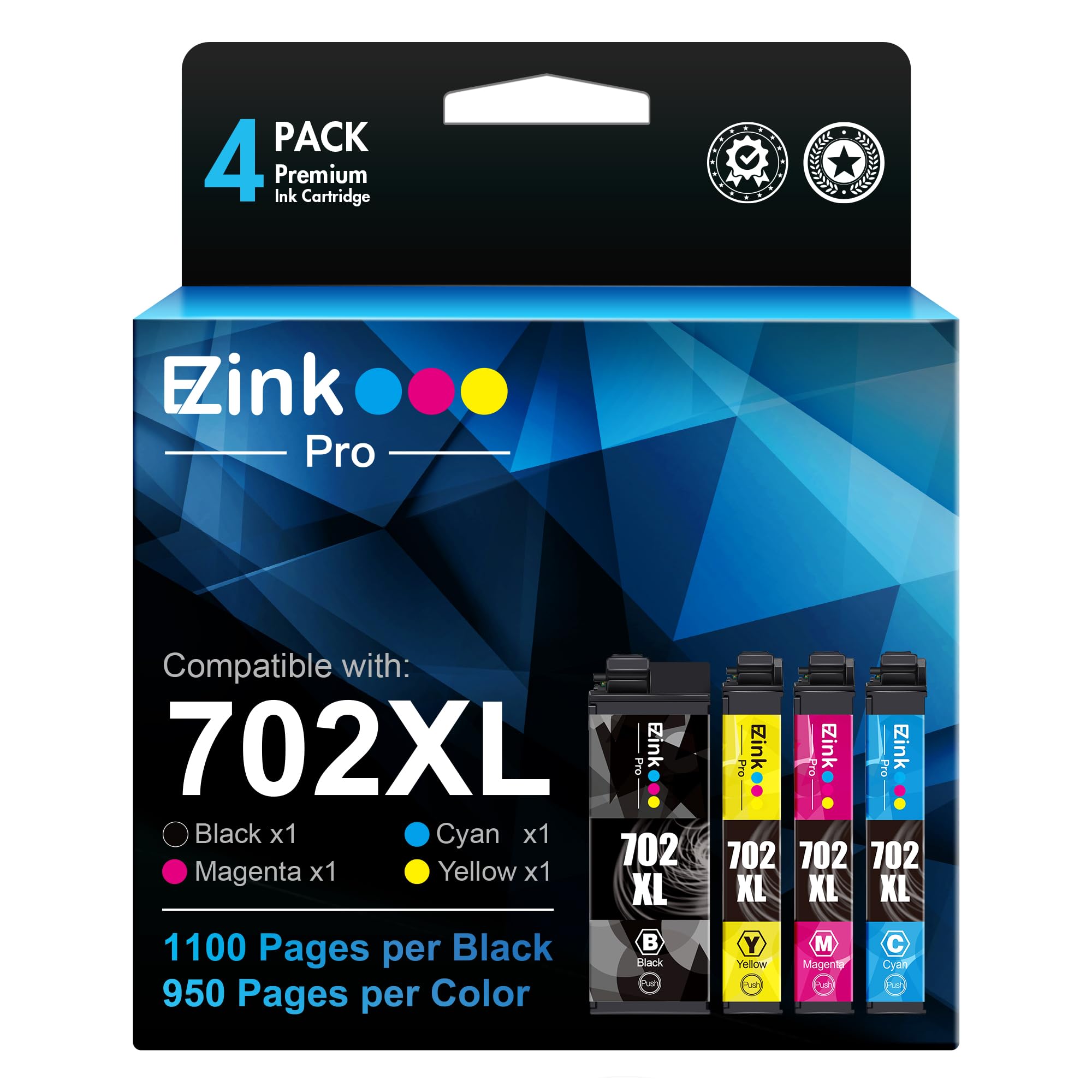 E-Z Ink Pro 702 XL T702XL Ink Cartridge Replacement for Epson 702XL 702 T702 to use with Workforce Pro WF-3720 WF-3730 WF-3733 Printer (1 Large Black, 1 Cyan, 1 Magenta, 1 Yellow, 4 Pack)