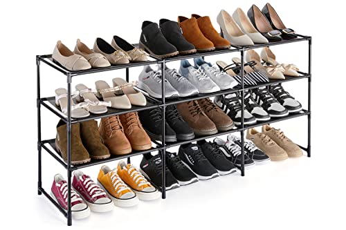 HOUSE AGAIN 4 Tier Long Shoe Rack for Closet, Shoe Shelf 24-Pairs Wide Non-Woven Cloth Max Weight 100LBS, Storage Organize for Floor, Bedroom, Entryways, Garages, Dorm, Apartments, Black