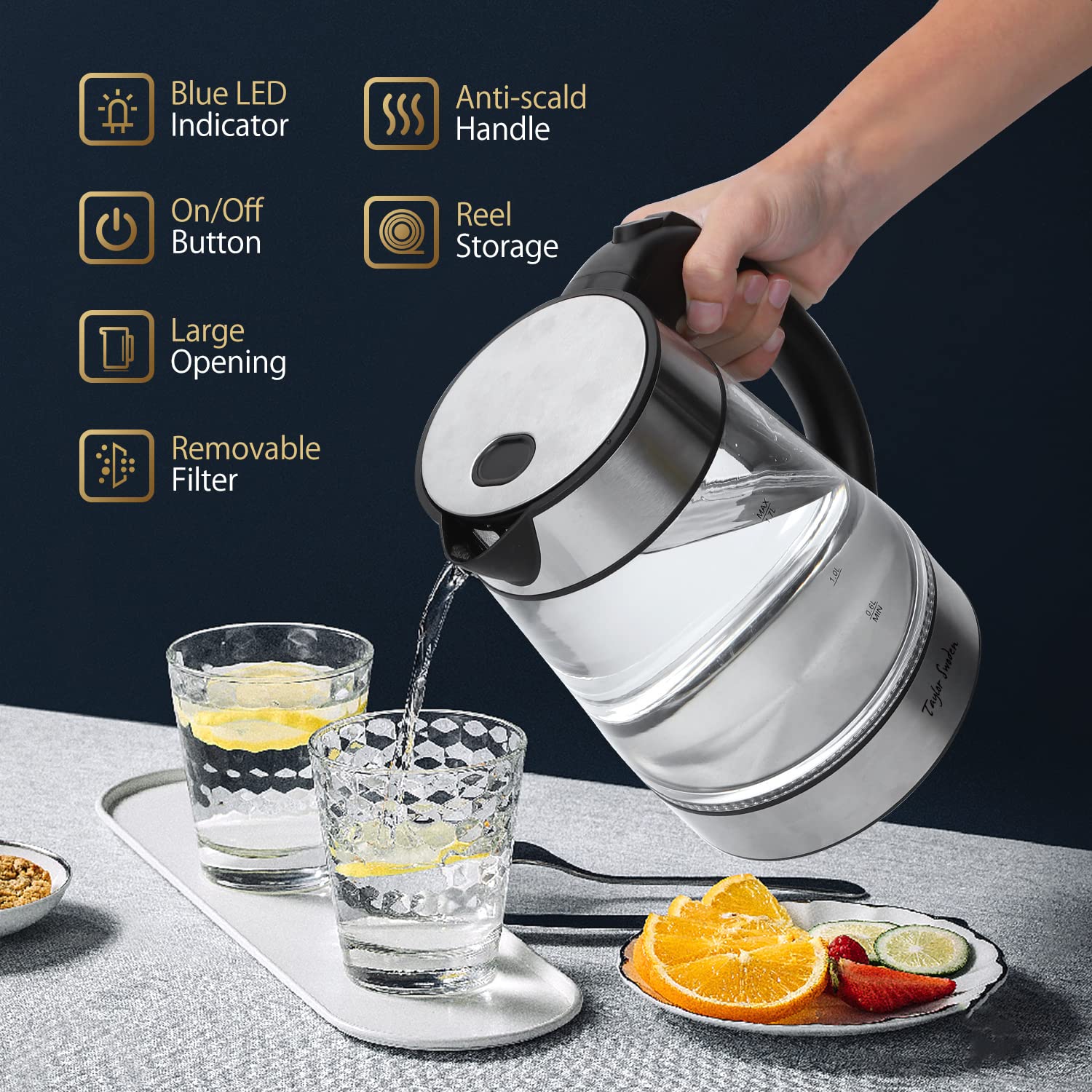 Small Glass Kettle Electric, Compact Mini Sized Electric Hot Water Kettle for Tea and Coffee 1L Black Taylor Swoden