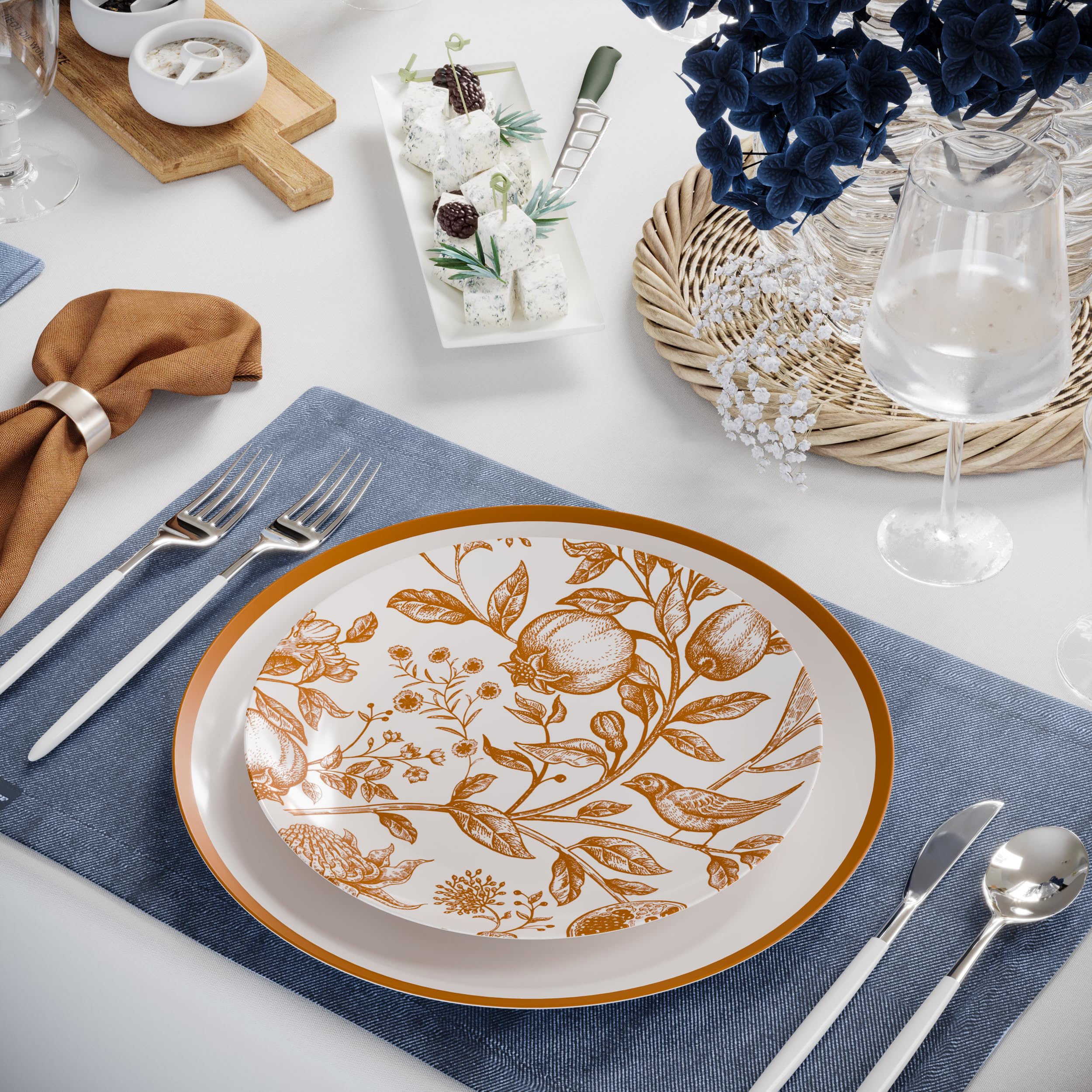 Trendables 40 Piece Plastic Disposable Plates Set For 20 Guests I 20 X 8 Inch Dessert Plates & 20 X 10 Inch Disposable Plastic Plates | Thanksgiving Plates | White & Brown Pomegranate Design