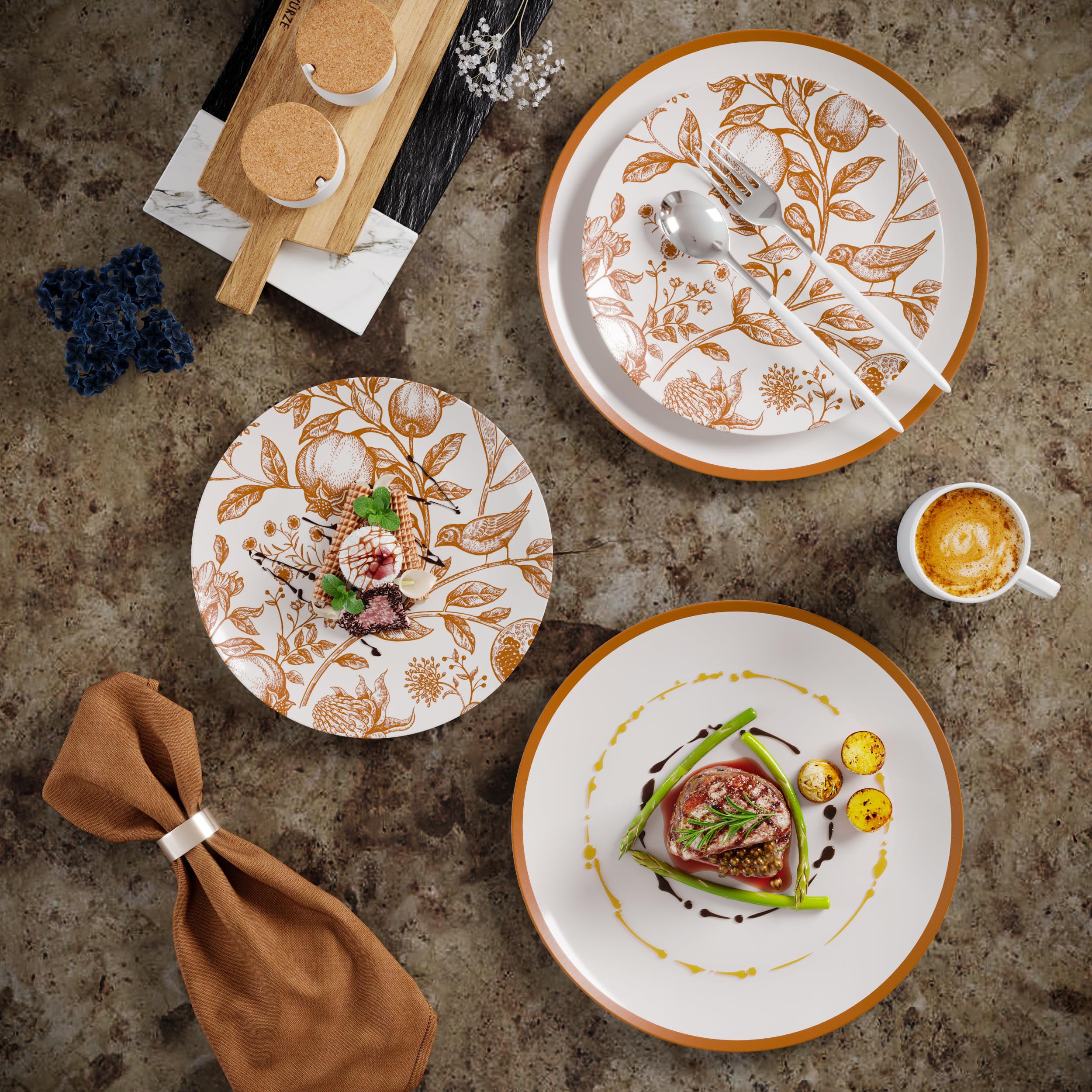 Trendables 40 Piece Plastic Disposable Plates Set For 20 Guests I 20 X 8 Inch Dessert Plates & 20 X 10 Inch Disposable Plastic Plates | Thanksgiving Plates | White & Brown Pomegranate Design