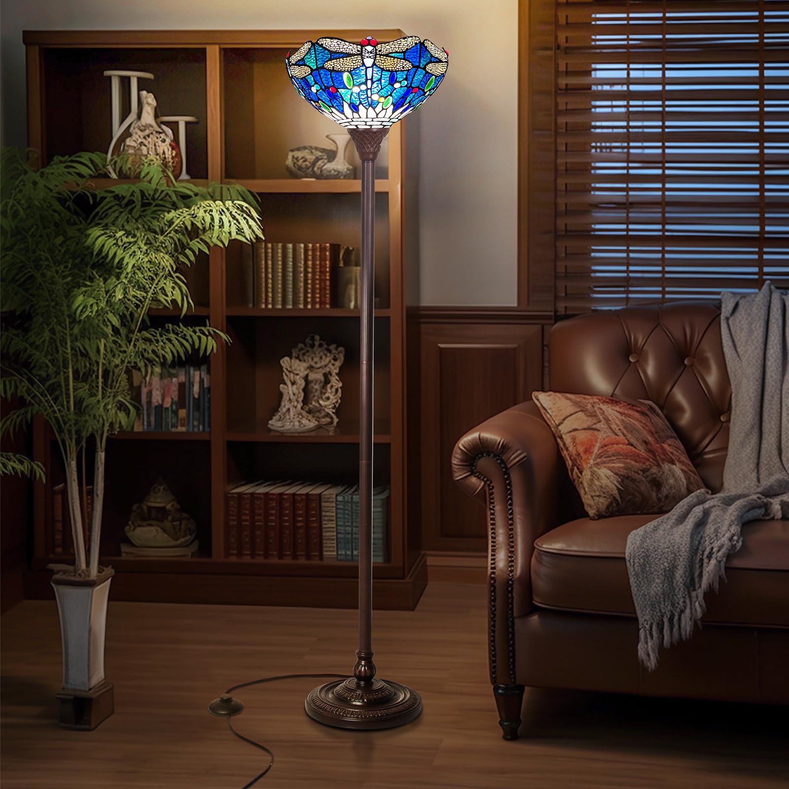 Capulina Sea Blue Tiffany Torchiere Floor Lamp Industrial Dark Bronze Pole Dragonfly Style Stained Glass Standing Light for Living Room Bedroom