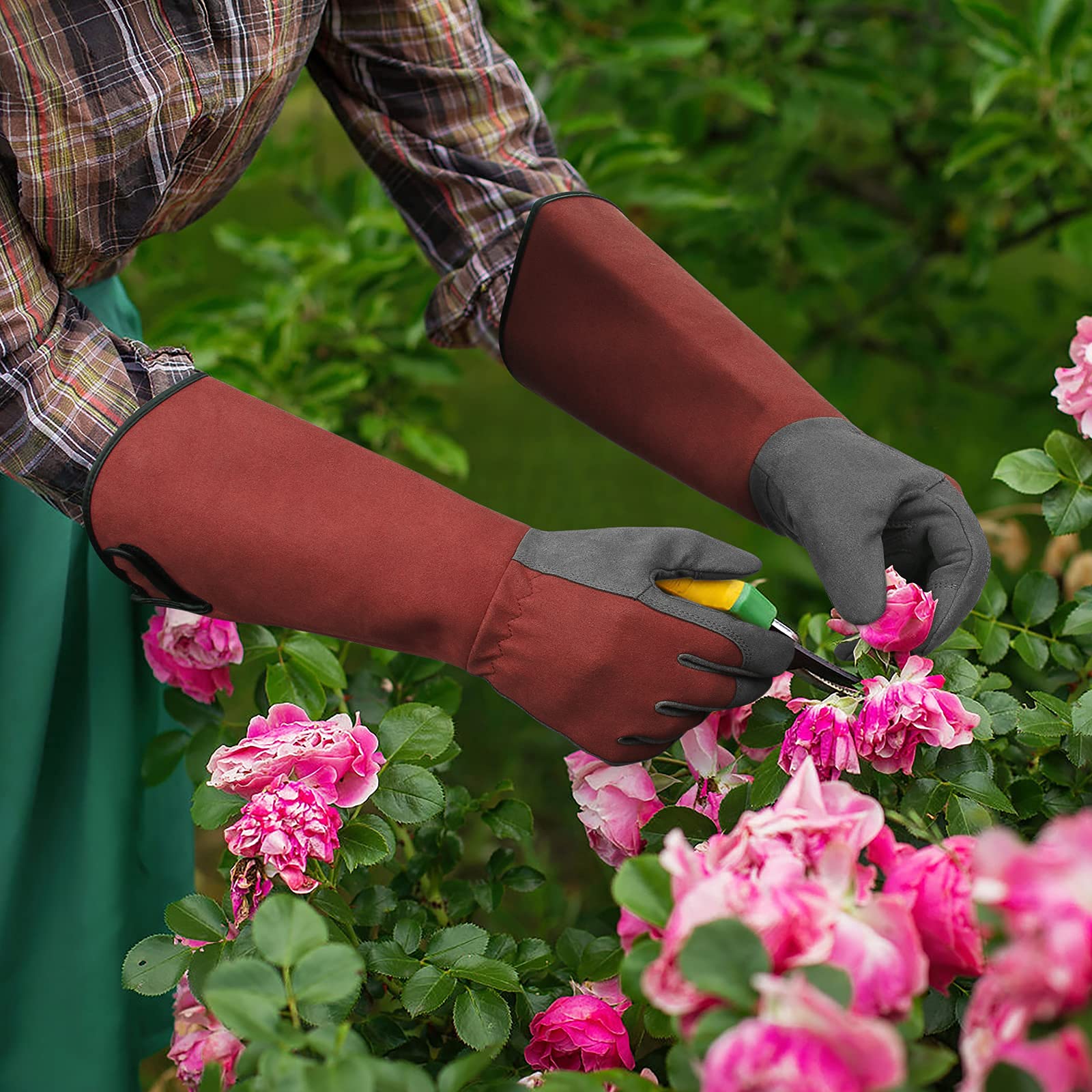BARST Long Gardening Gloves, Rose Pruning Garden Gloves Synthetic Leather Thorn Resistant Gauntlet Glove with Adjustable Cuff for Weeding Digging Planting Small