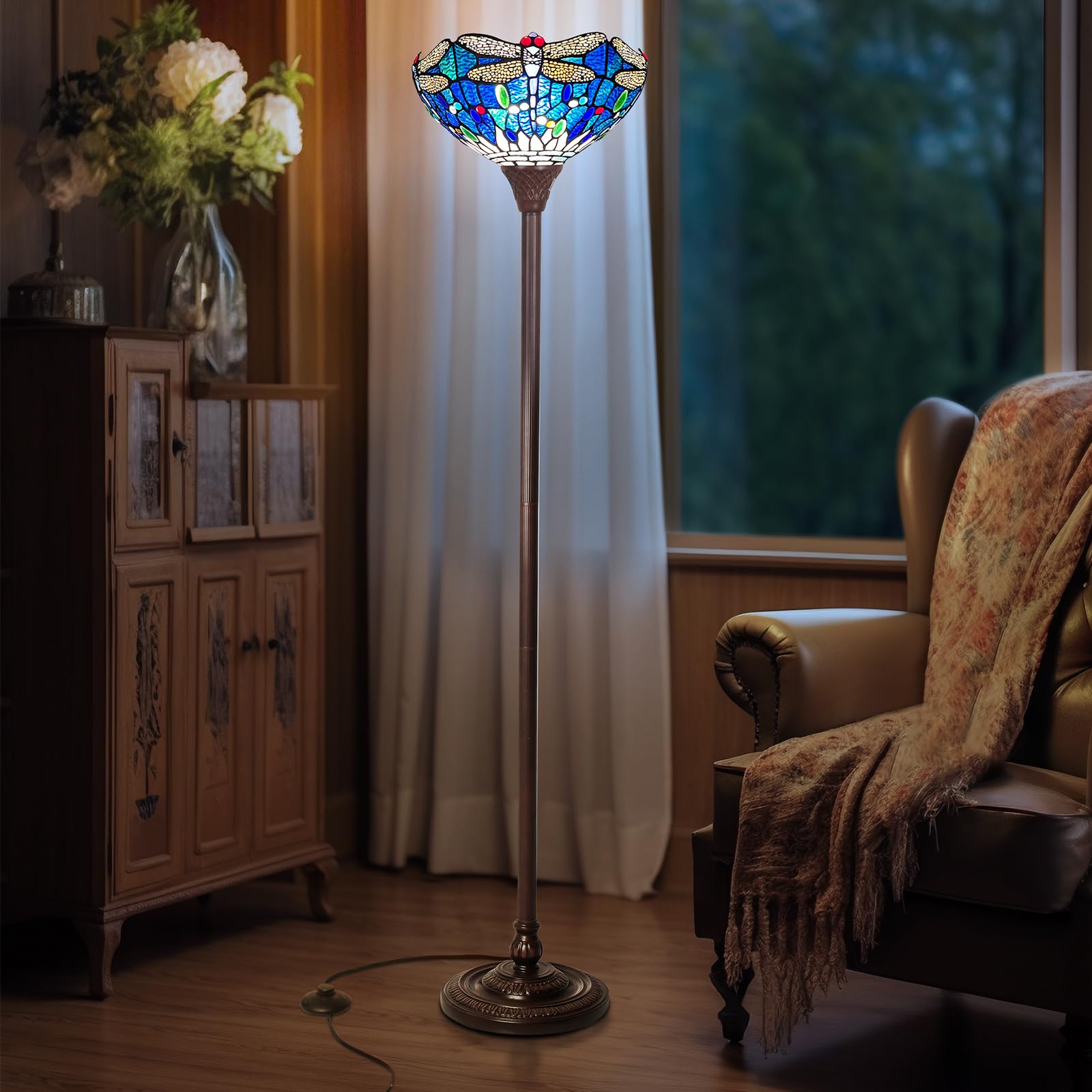 Capulina Sea Blue Tiffany Torchiere Floor Lamp Industrial Dark Bronze Pole Dragonfly Style Stained Glass Standing Light for Living Room Bedroom