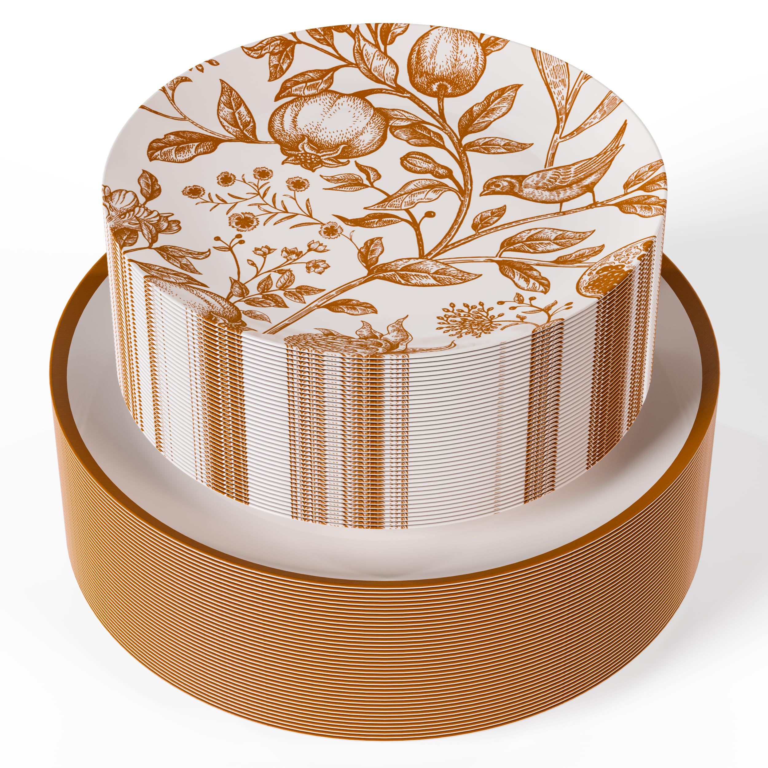 Trendables 40 Piece Plastic Disposable Plates Set For 20 Guests I 20 X 8 Inch Dessert Plates & 20 X 10 Inch Disposable Plastic Plates | Thanksgiving Plates | White & Brown Pomegranate Design