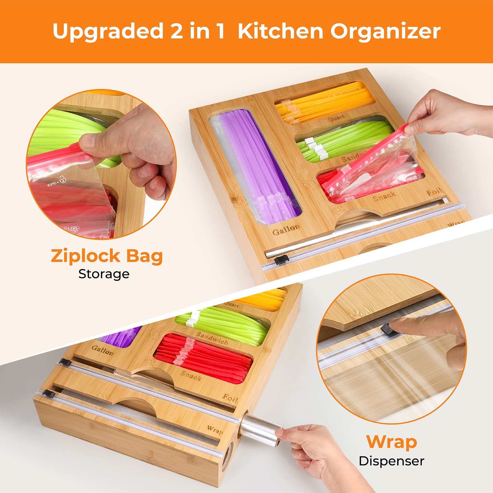 Bag Storage Organizer and Wrap Dispenser with Cutter for Kitchen Drawer, Bamboo Bags Compatible Foil, Wax, Ziploc Gallon, Quart, Sandwich Snack Variety Size 12'' Rolls, 1.0 Count, (Pack of 1)