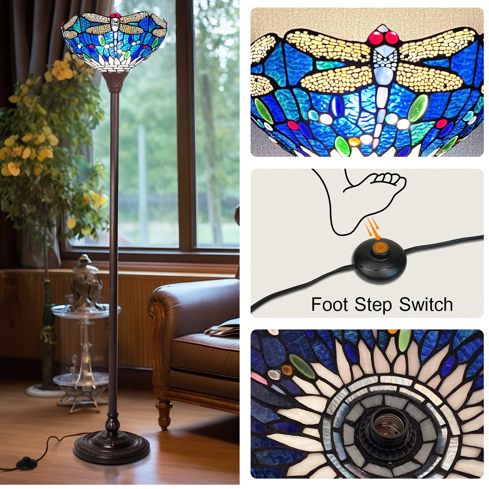 Capulina Sea Blue Tiffany Torchiere Floor Lamp Industrial Dark Bronze Pole Dragonfly Style Stained Glass Standing Light for Living Room Bedroom