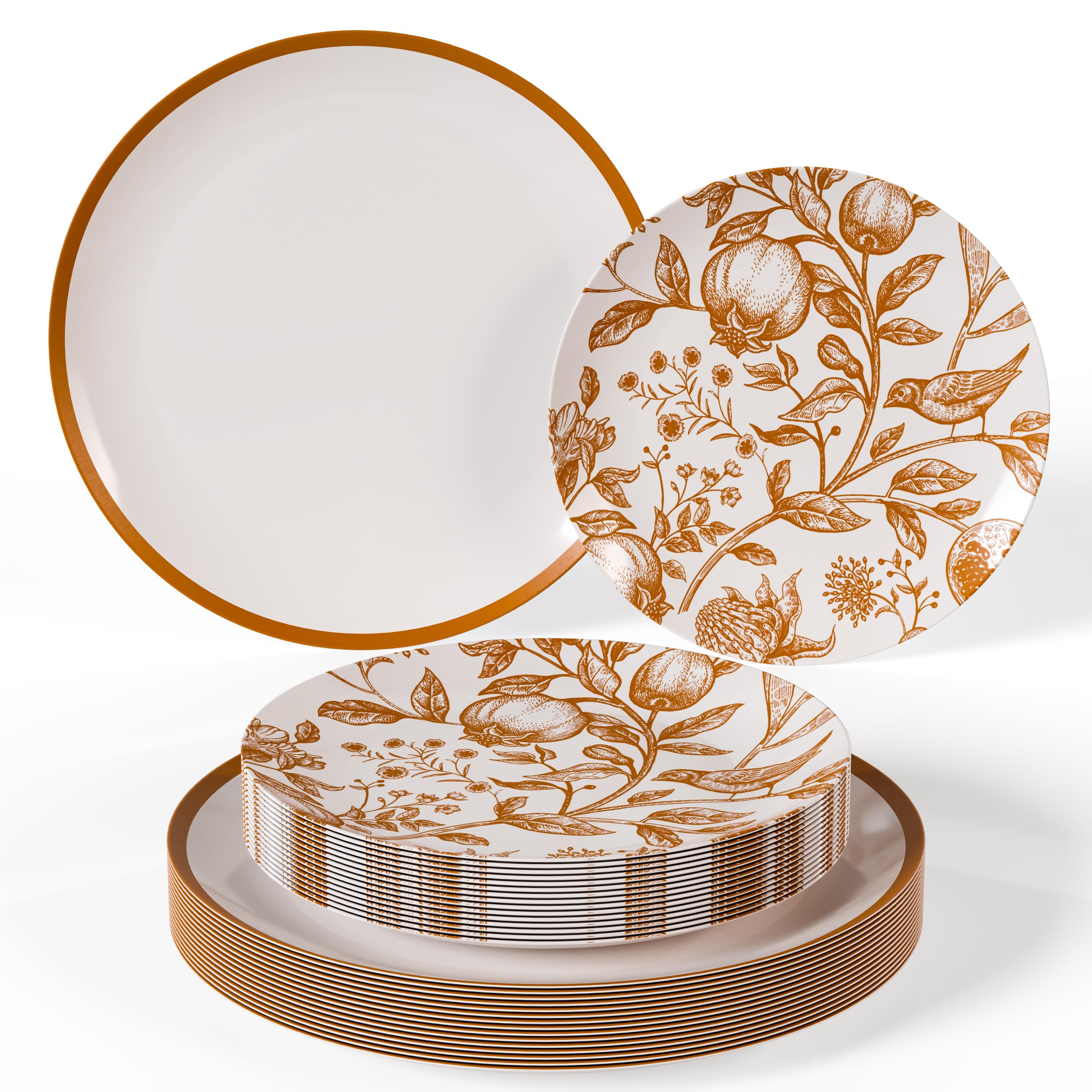 Trendables 40 Piece Plastic Disposable Plates Set For 20 Guests I 20 X 8 Inch Dessert Plates & 20 X 10 Inch Disposable Plastic Plates | Thanksgiving Plates | White & Brown Pomegranate Design