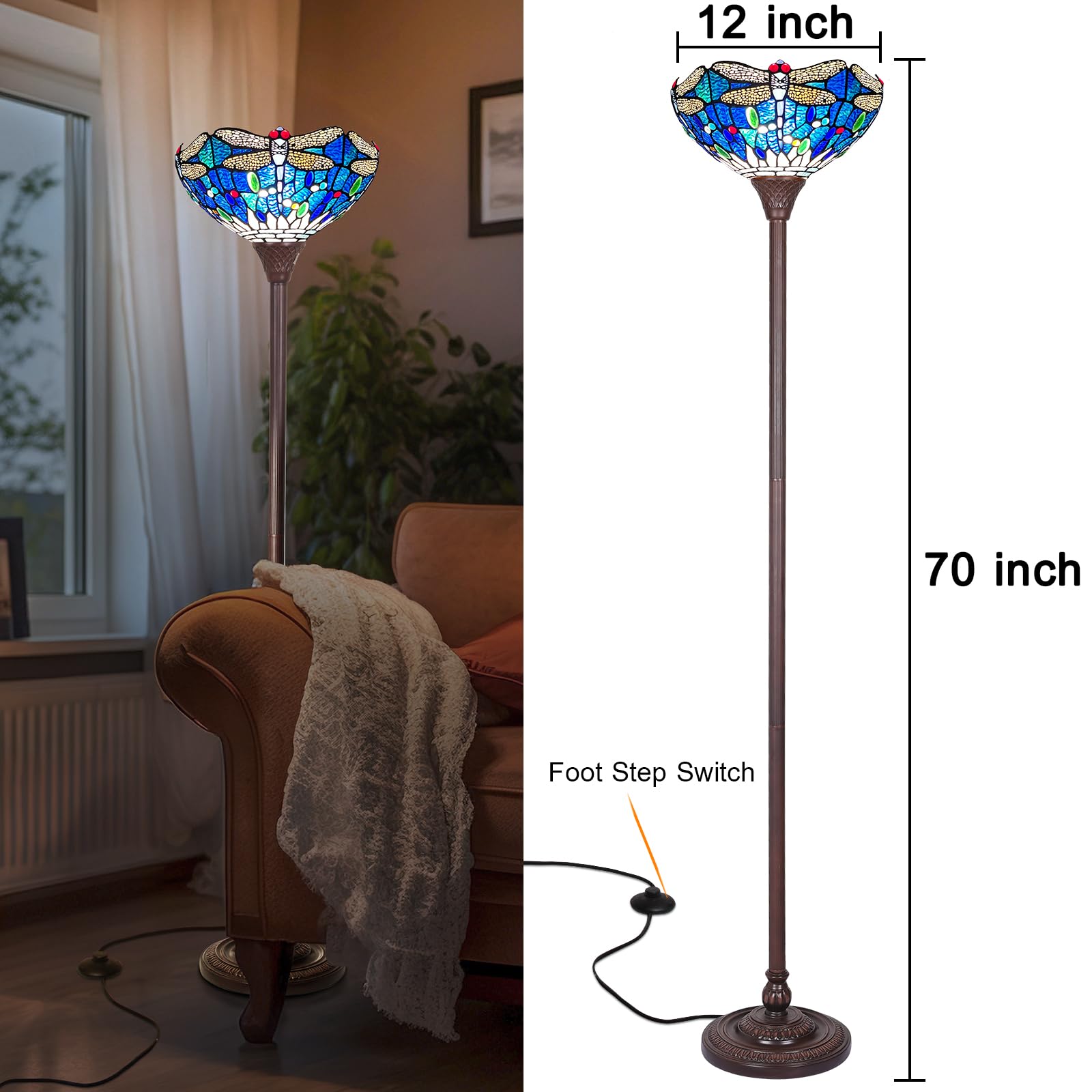 Capulina Sea Blue Tiffany Torchiere Floor Lamp Industrial Dark Bronze Pole Dragonfly Style Stained Glass Standing Light for Living Room Bedroom